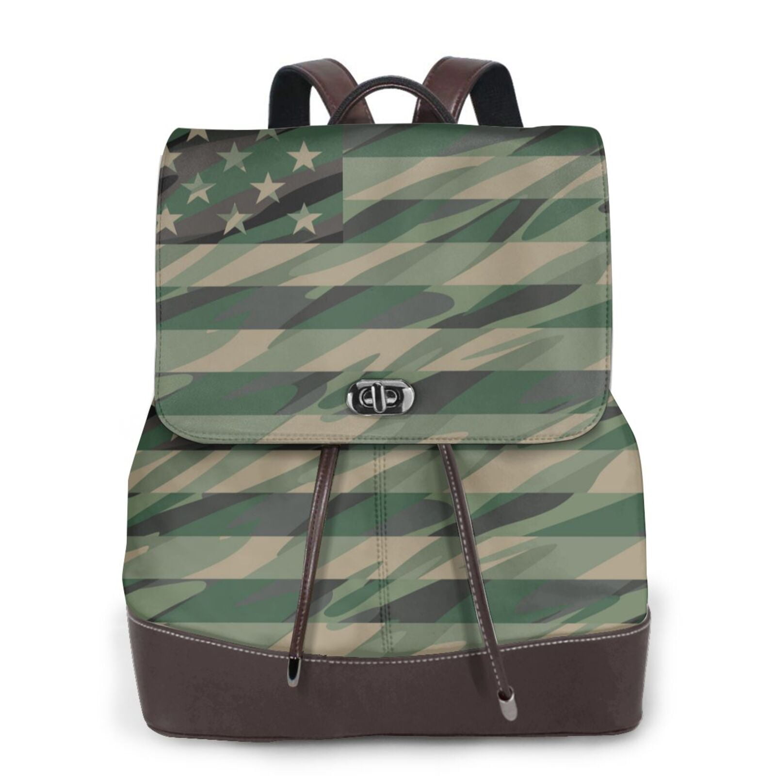 Cauagu Jungle Green Camo USA Flag Print Women's PU Leather Backpack,Fashion Multipurpose Design ...