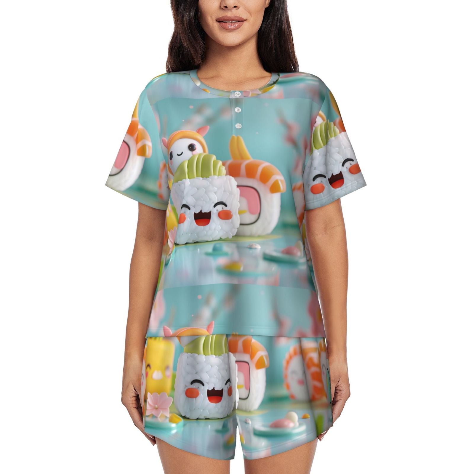 Cauagu Kawaii Sushi Characters Delight for Women's Round Neck Pajama ...