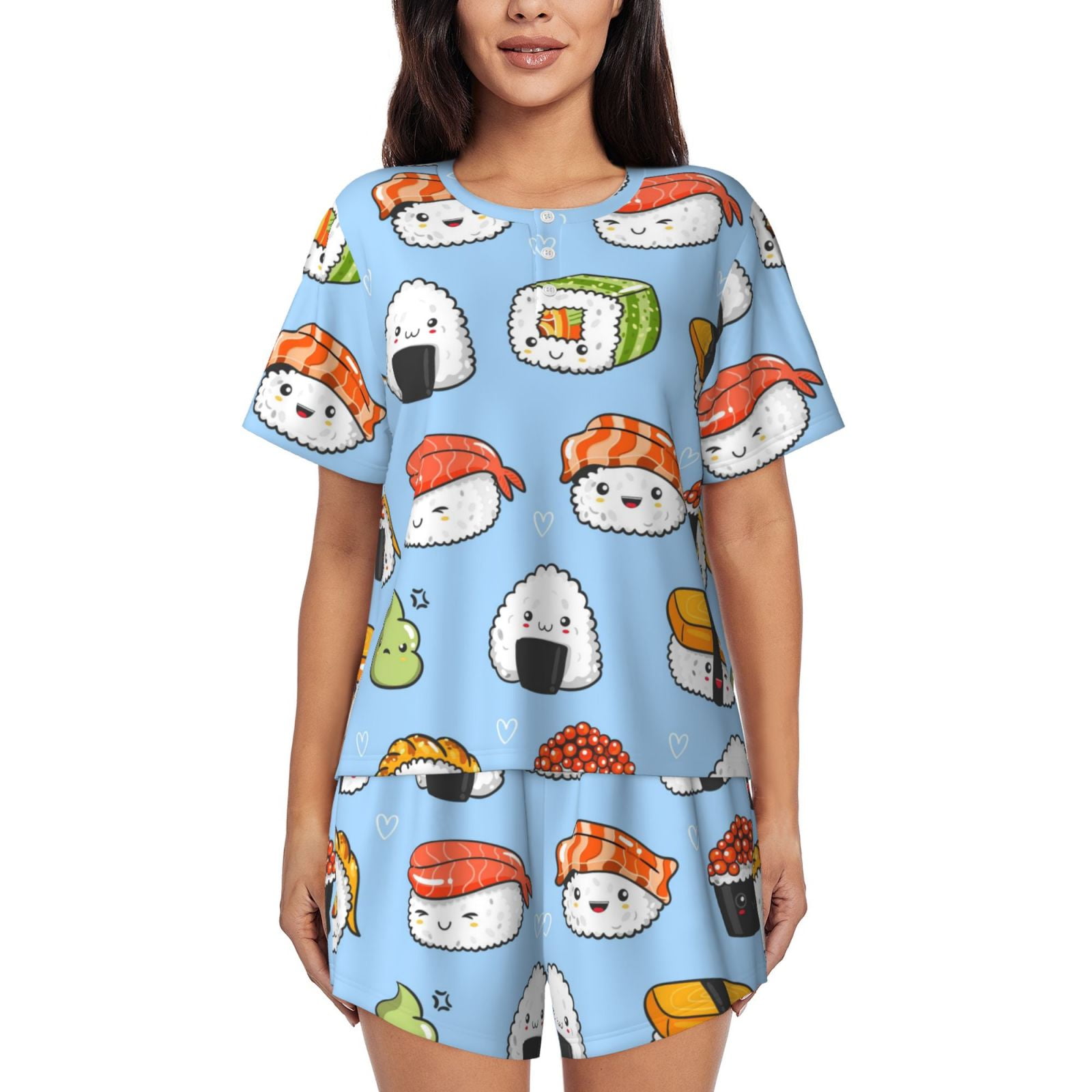 Cauagu Kawaii Sushi for Women's Round Neck Pajama Set,Short-Sleeved ...