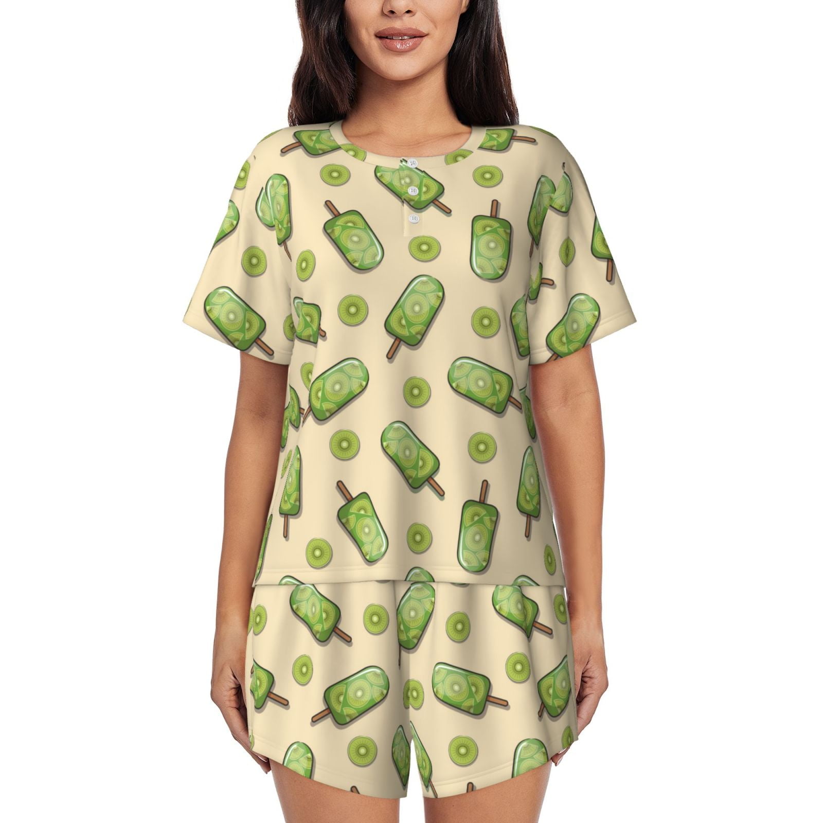 Cauagu Kiwi Ice Cream for Women's Round Neck Pajama Set,Short-Sleeved ...