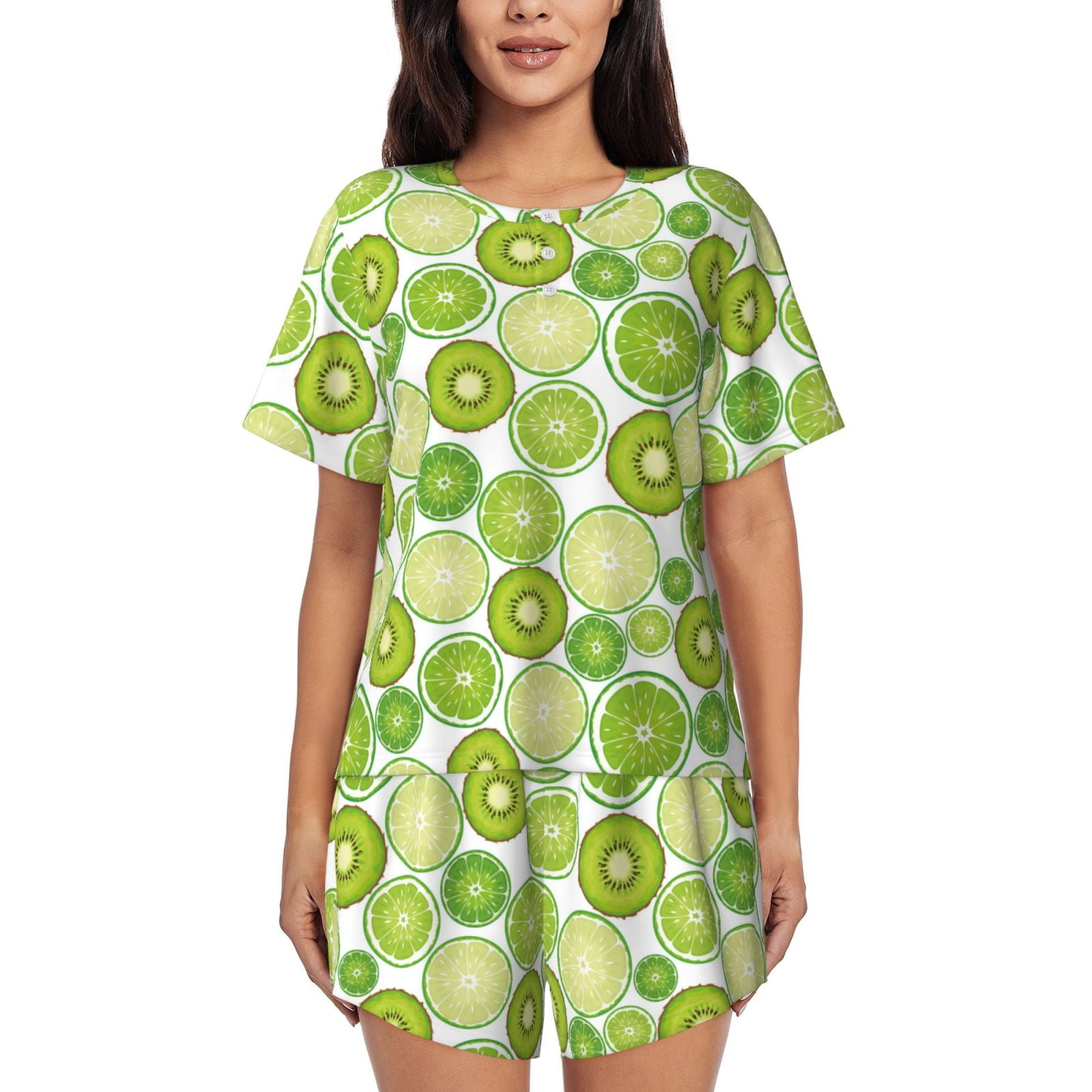 Cauagu Kiwi Lemon for Women's Round Neck Pajama Set,Short-Sleeved ...