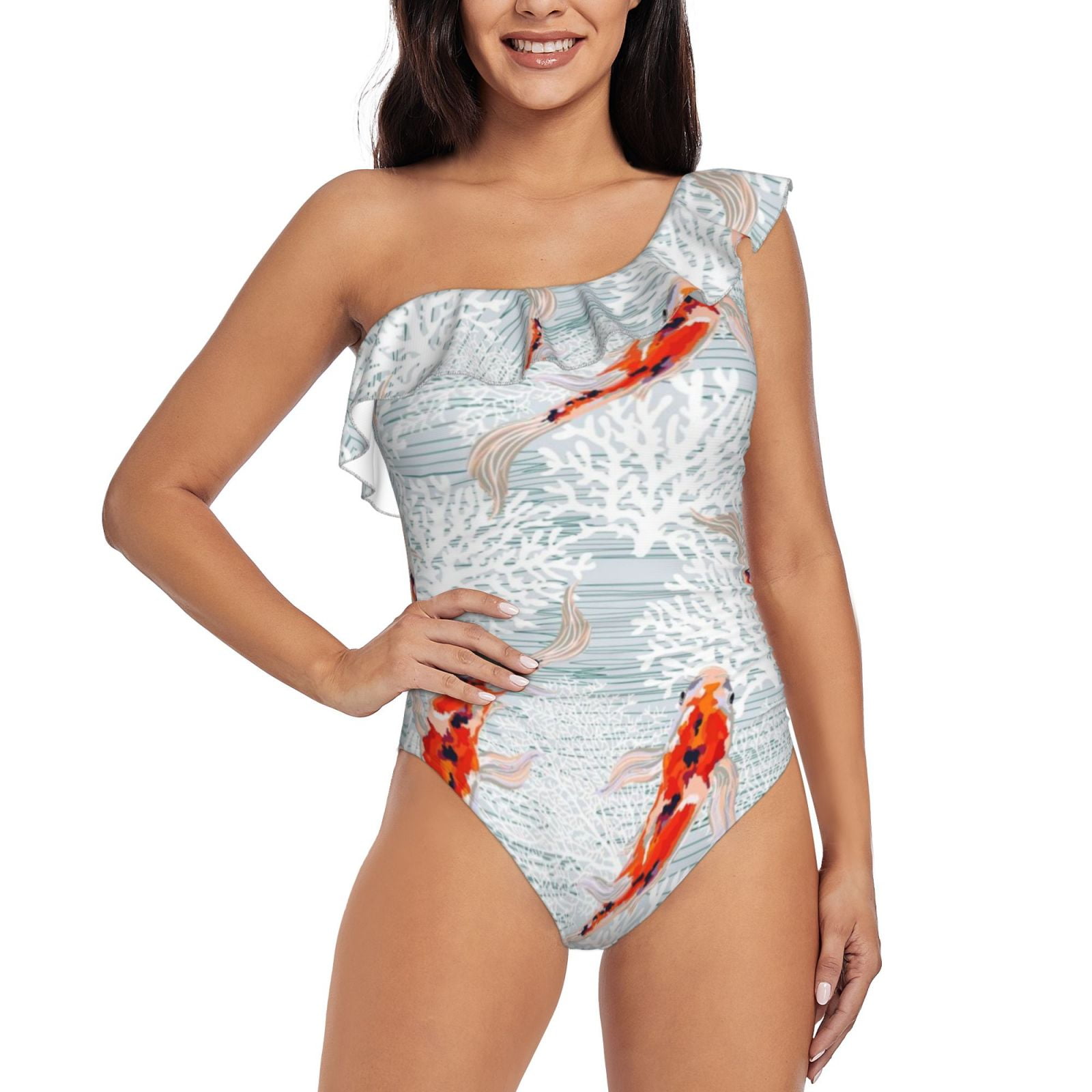 Cauagu Koi Fish Corals,Spring Summer Print Women's Sexy One Piece Swimsuits One Shoulder Ruffle ...