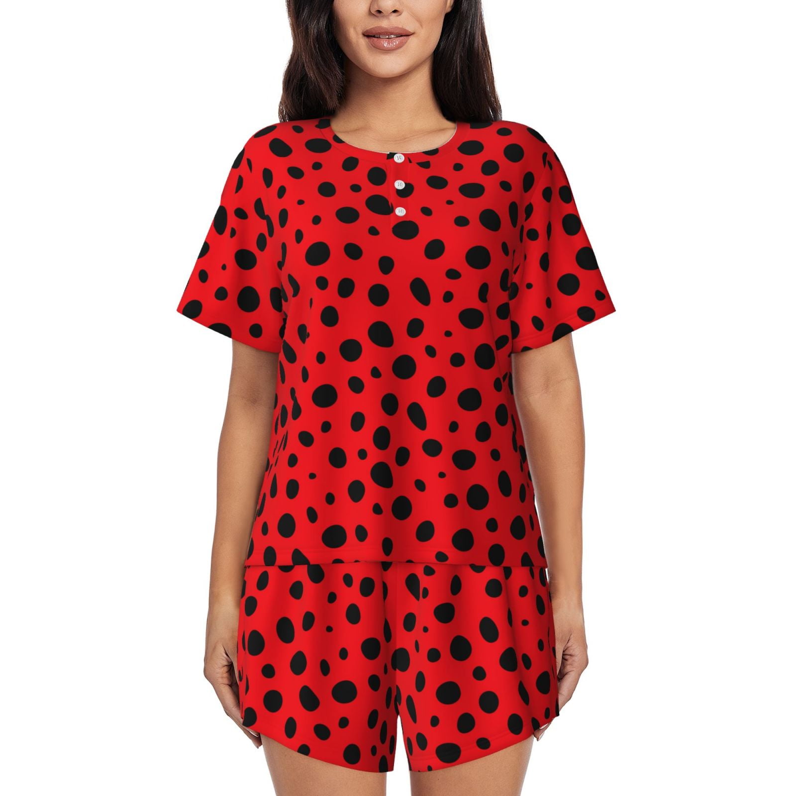 Cauagu Ladybug Dotted for Women's Round Neck Pajama Set,Short-Sleeved ...