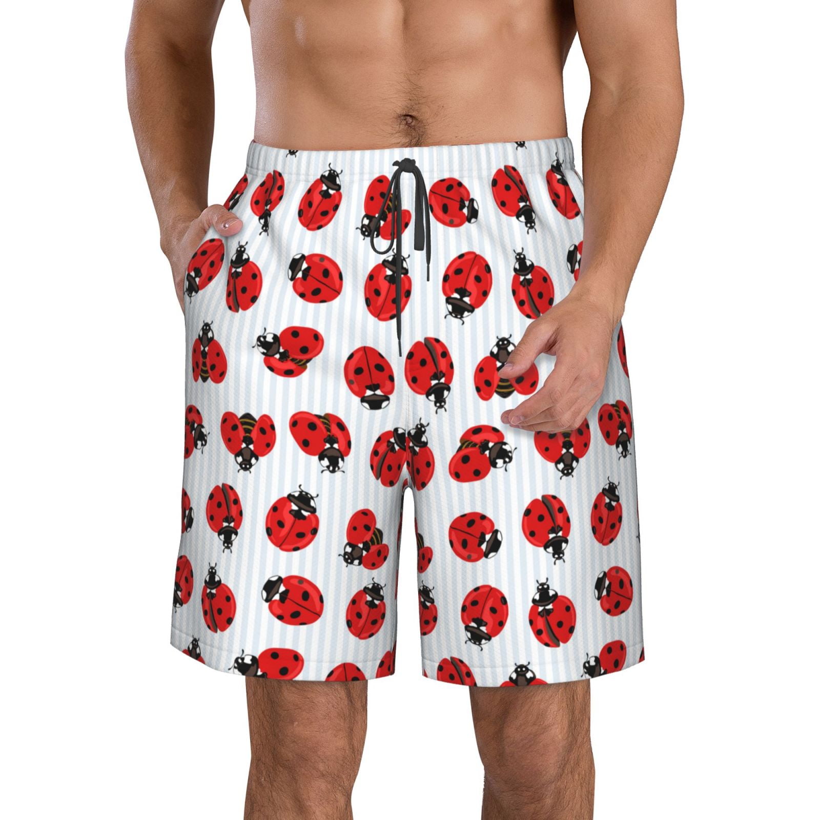 Cauagu Ladybug On Blue Stripes Print Mens Swim Trunkshawaiian Bathing Suit Swimsuits Beach
