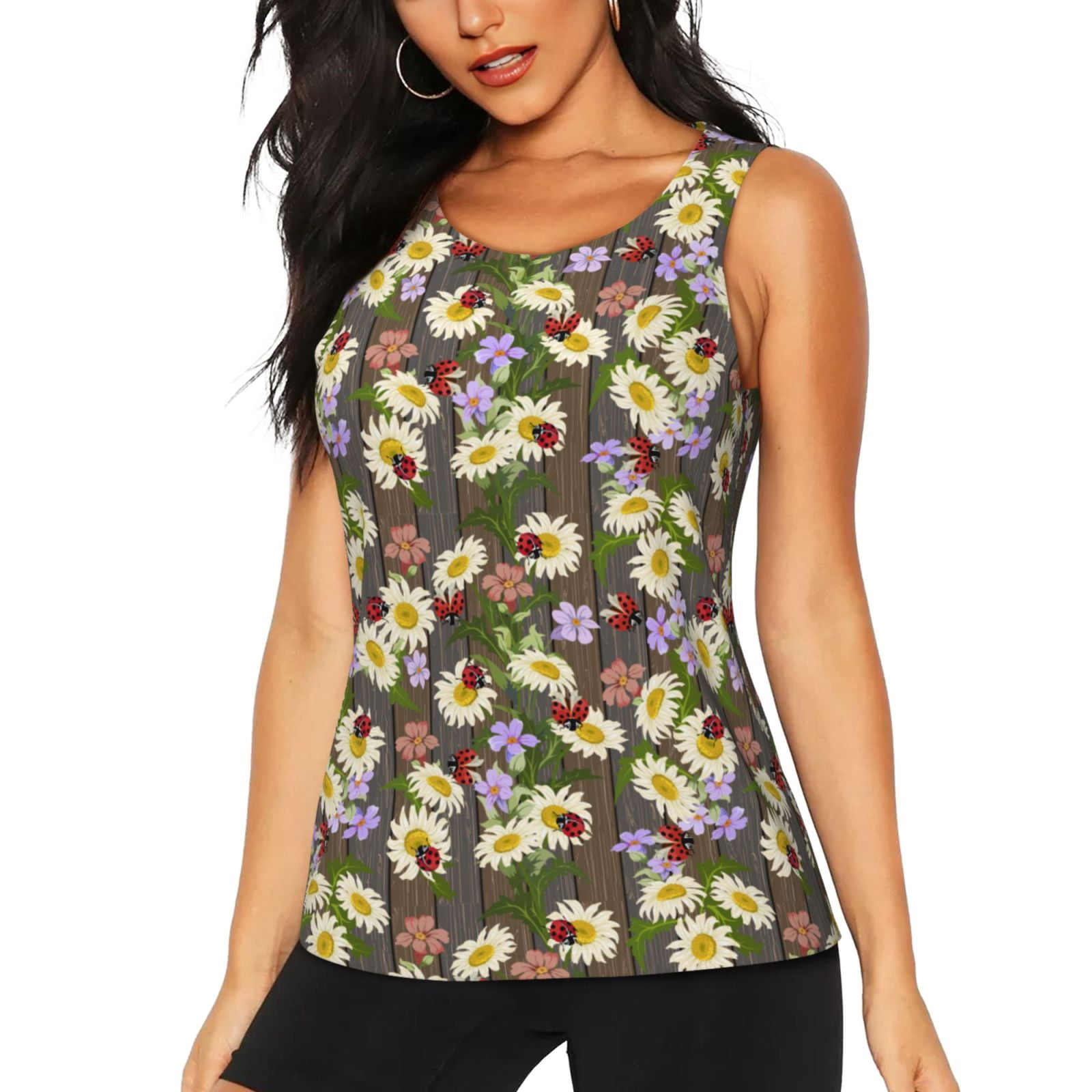Cauagu Ladybugs And Flowers On A Wooden for Women's Workout Tank Tops ...