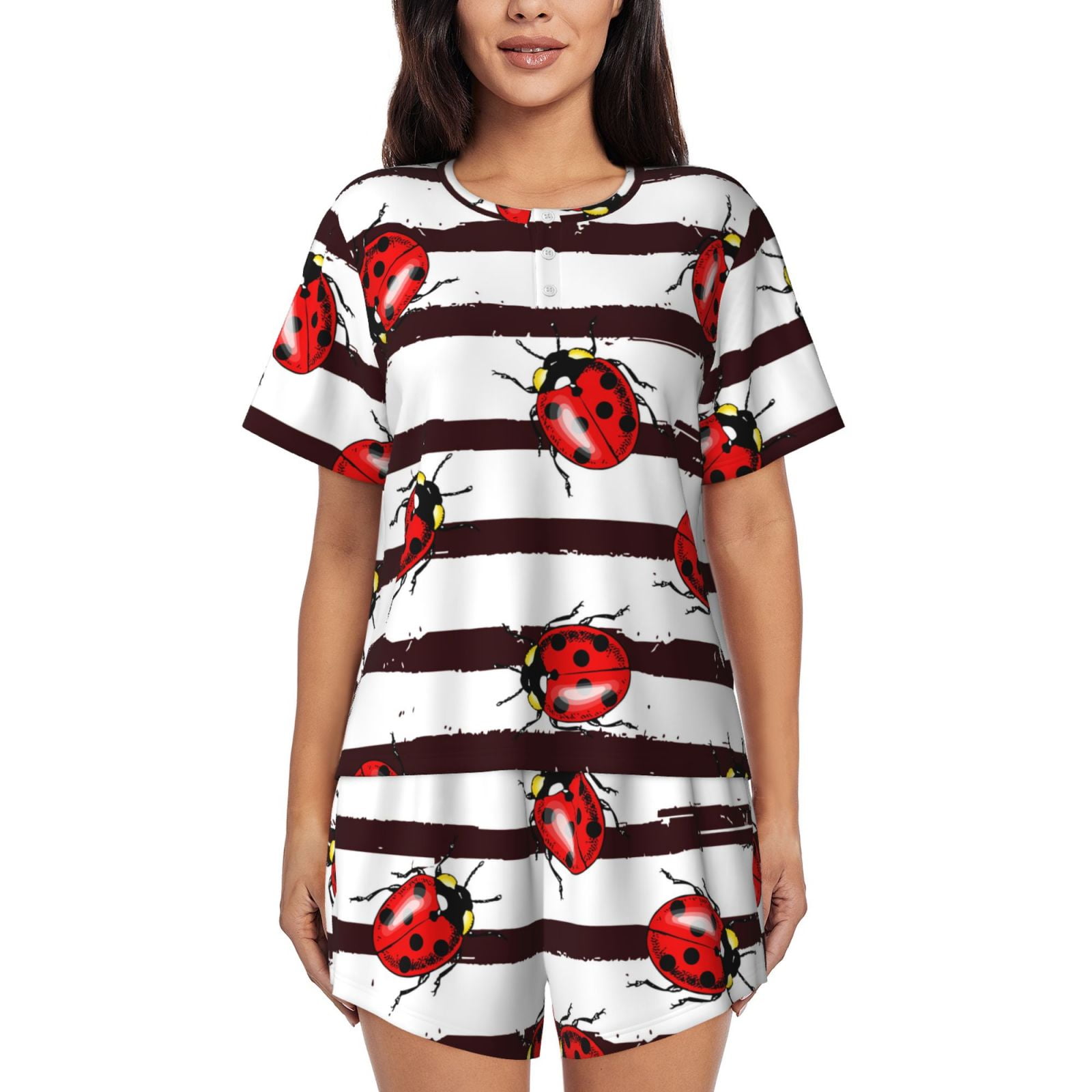 Cauagu Ladybugs on Black and White Striped1 for Women's Round Neck ...