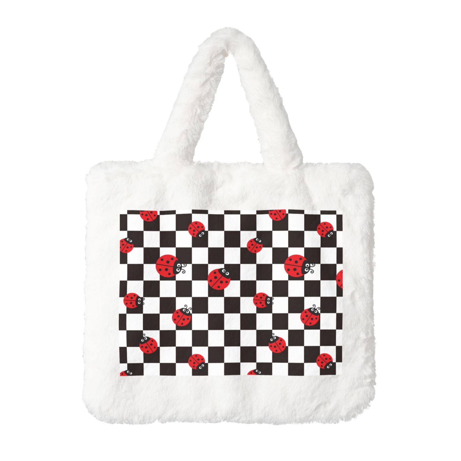 Cauagu Ladybugs Of Black And White Checkers Pattern Women's Plush Tote ...