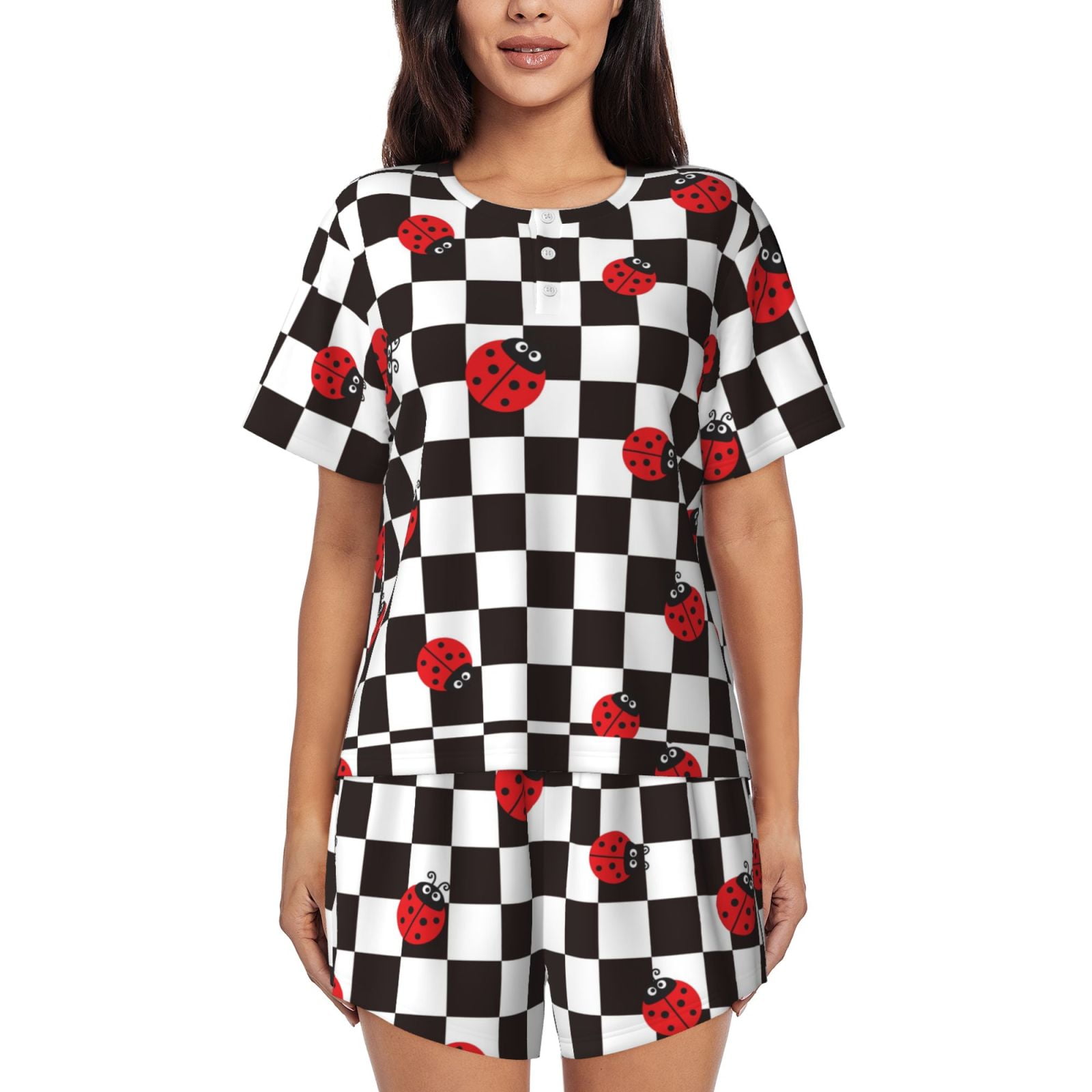 Cauagu Ladybugs Of Black And White Checkers for Women's Round Neck ...