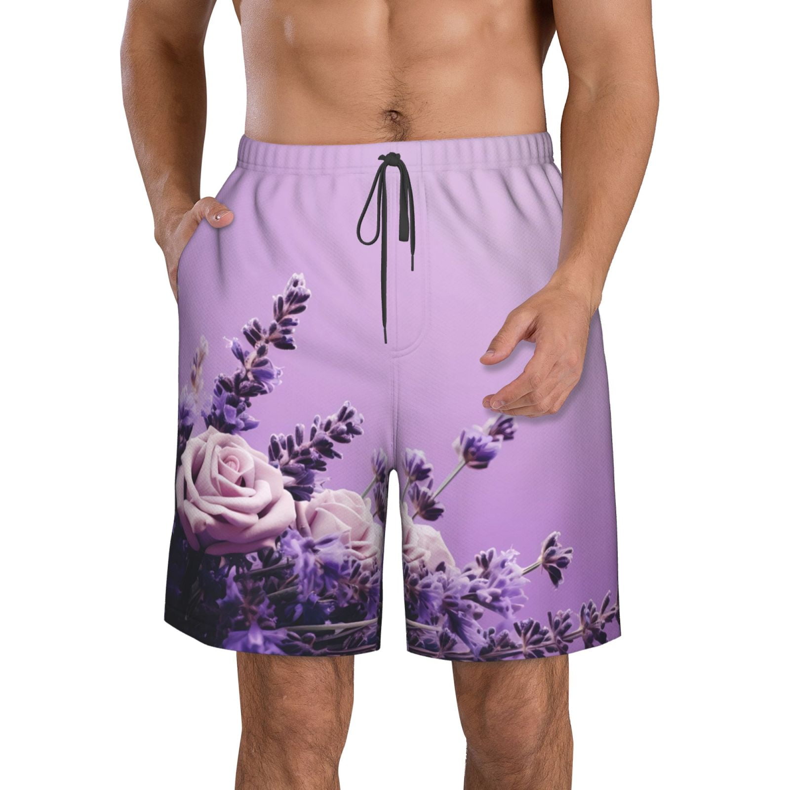 Cauagu Lavender Roses Arrangement Print Men's Swim Trunks,Hawaiian ...