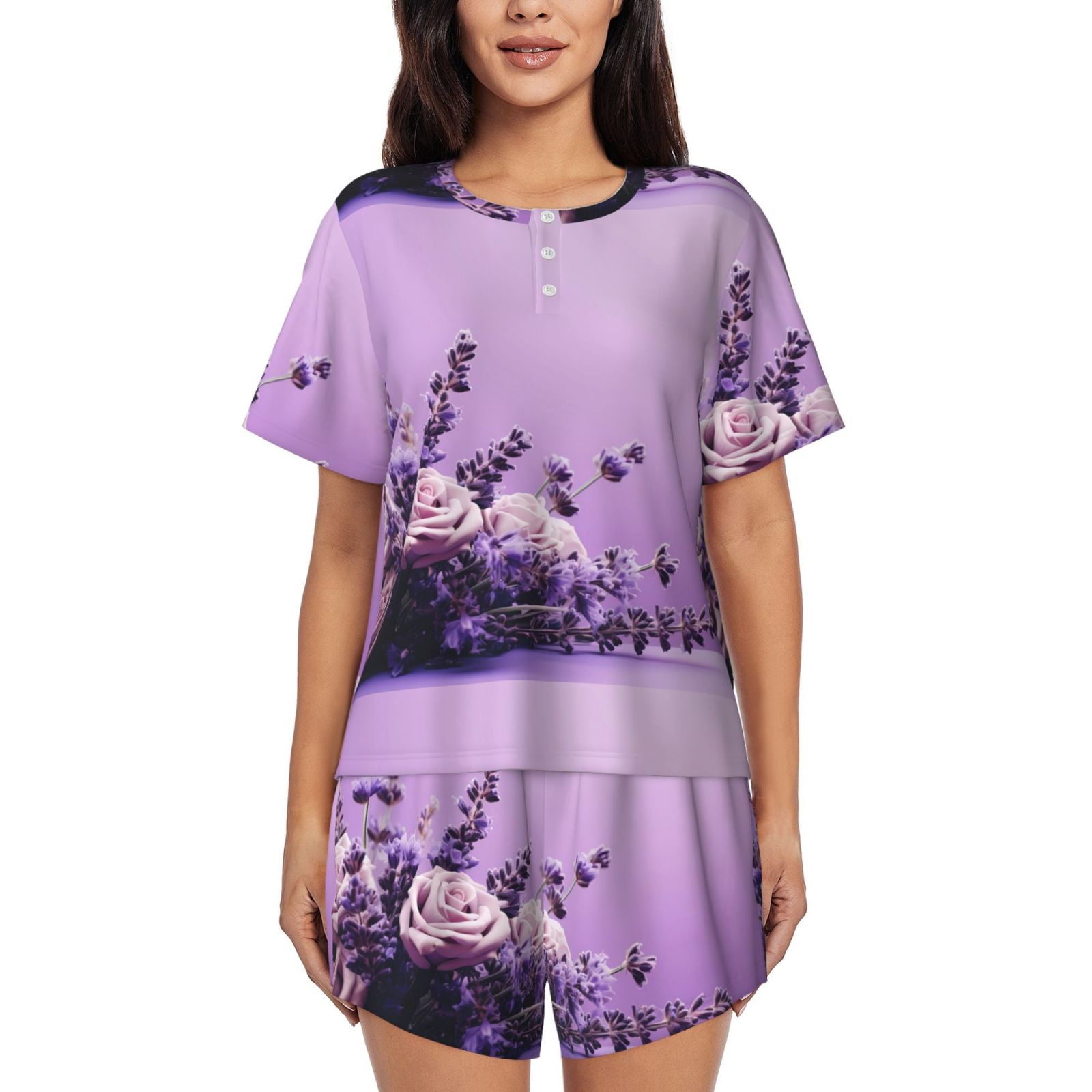 Cauagu Lavender Roses Arrangement for Women's Round Neck Pajama Set ...