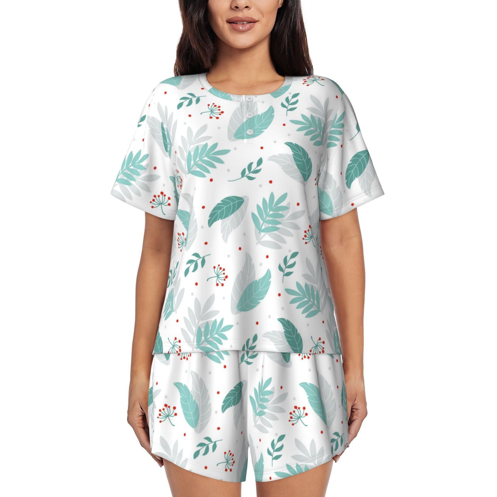 Cauagu Leaf Print Green for Women's Round Neck Pajama Set,Short-Sleeved Pajamas Soft Sleepwear ...