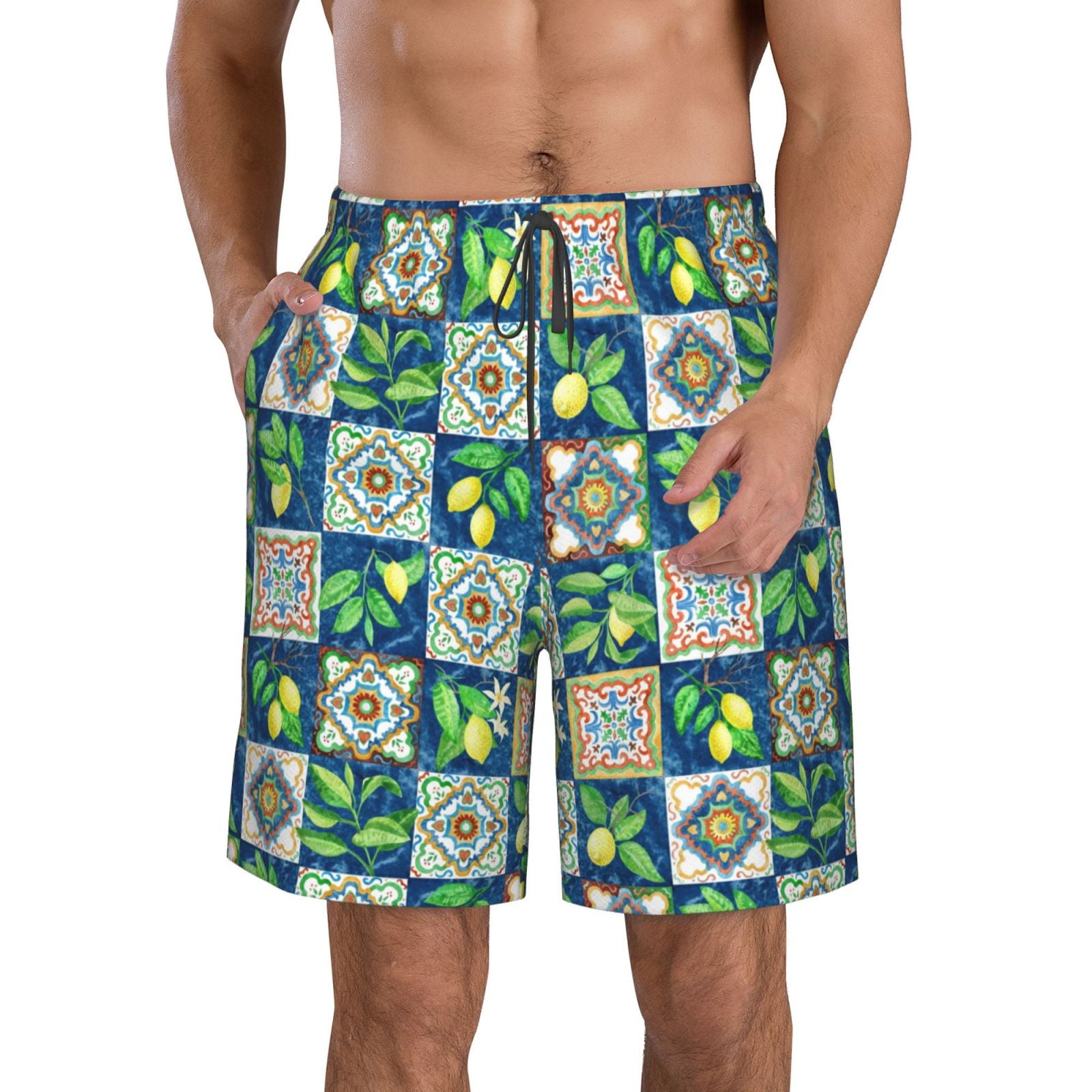 Cauagu Lemon and Leaves Print Men's Swim Trunks,Hawaiian Bathing Suit ...