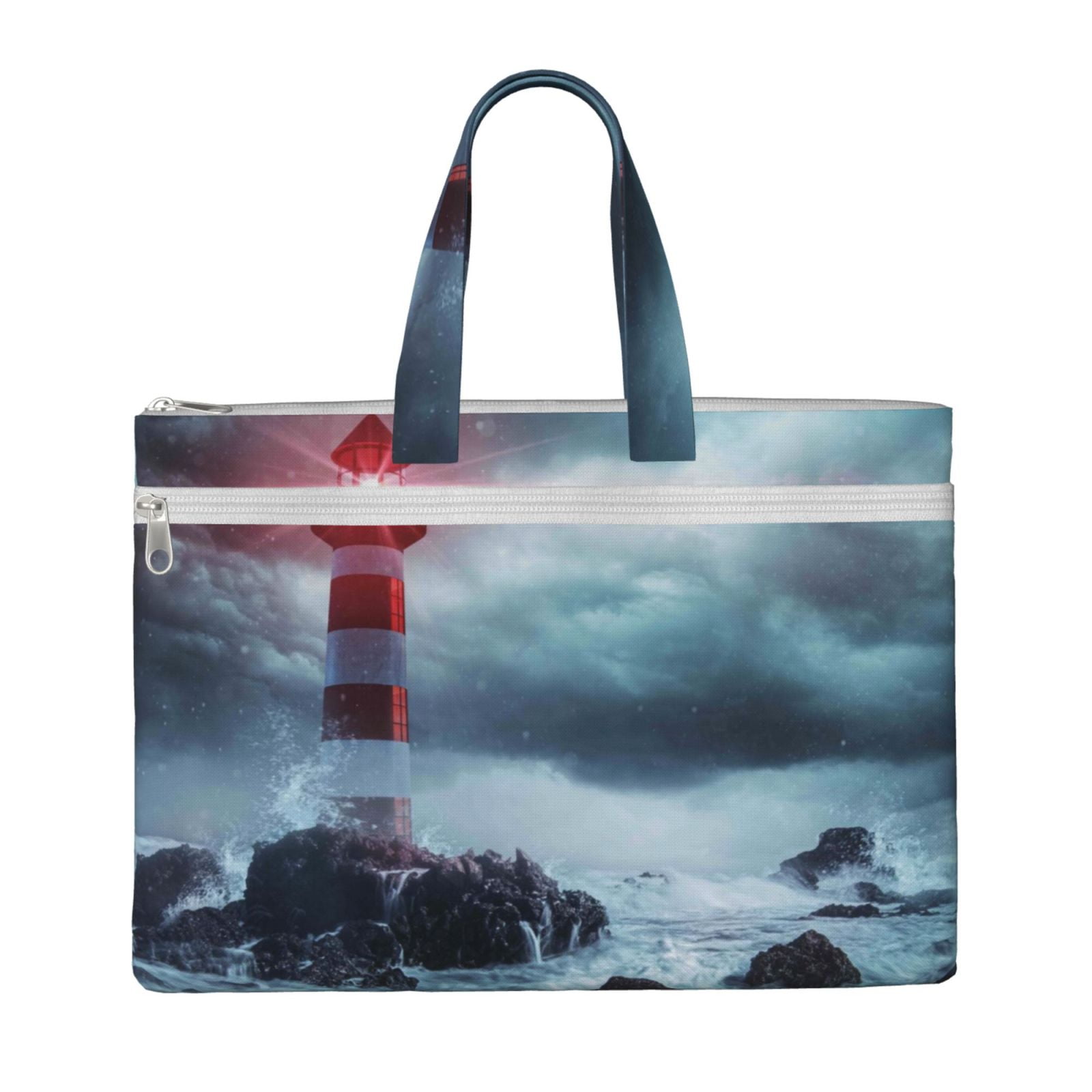 Cauagu Lighthouse in a Stormy Sea Pattern Canvas Tote File Bag, Zipper ...
