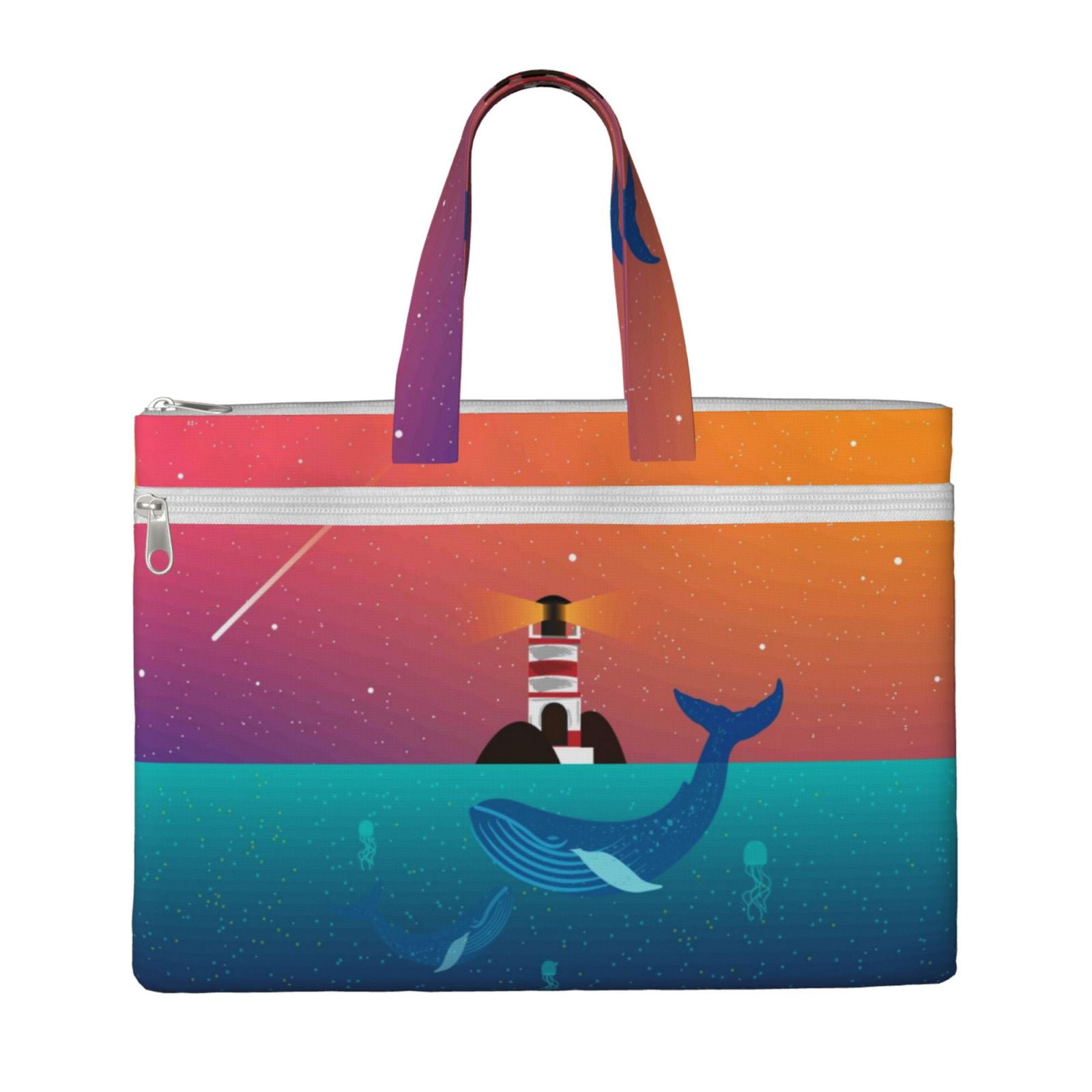 Cauagu Lighthouse and Whale Pattern Canvas Tote File Bag, Zipper Tote ...