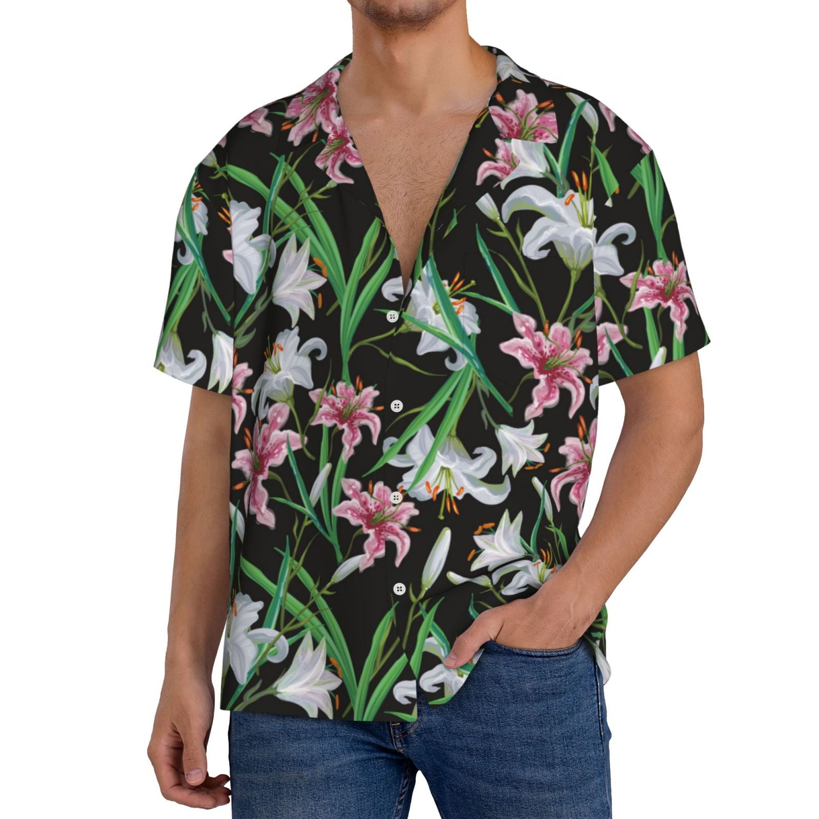 Cauagu Lilies Flowers Men's Short Sleeve Button Down Hawaiian Shirt for Men Bowling Shirts ...