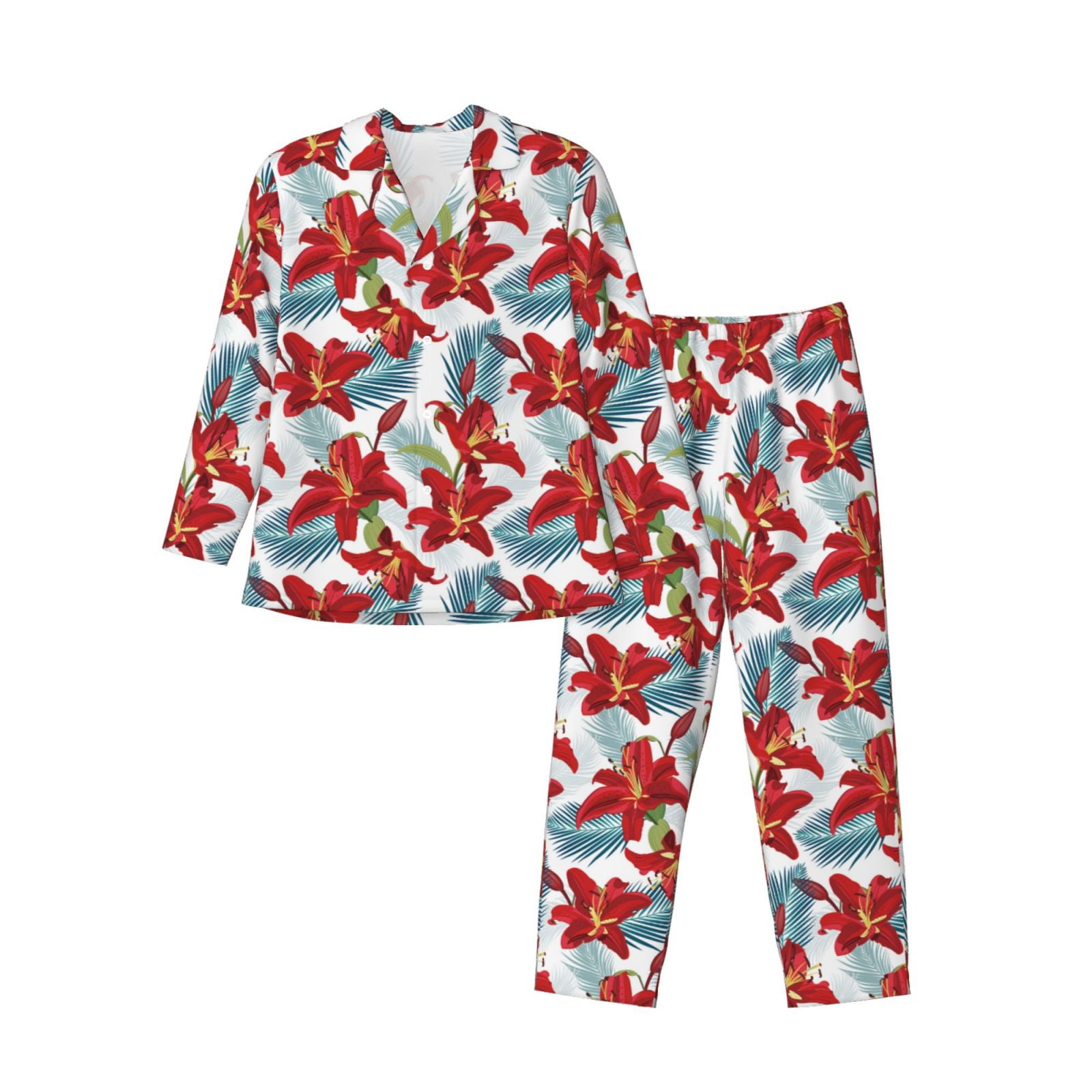 Cauagu Lilies Flowers Print Men's Long-Sleeve Pajama Set,Soft Button ...