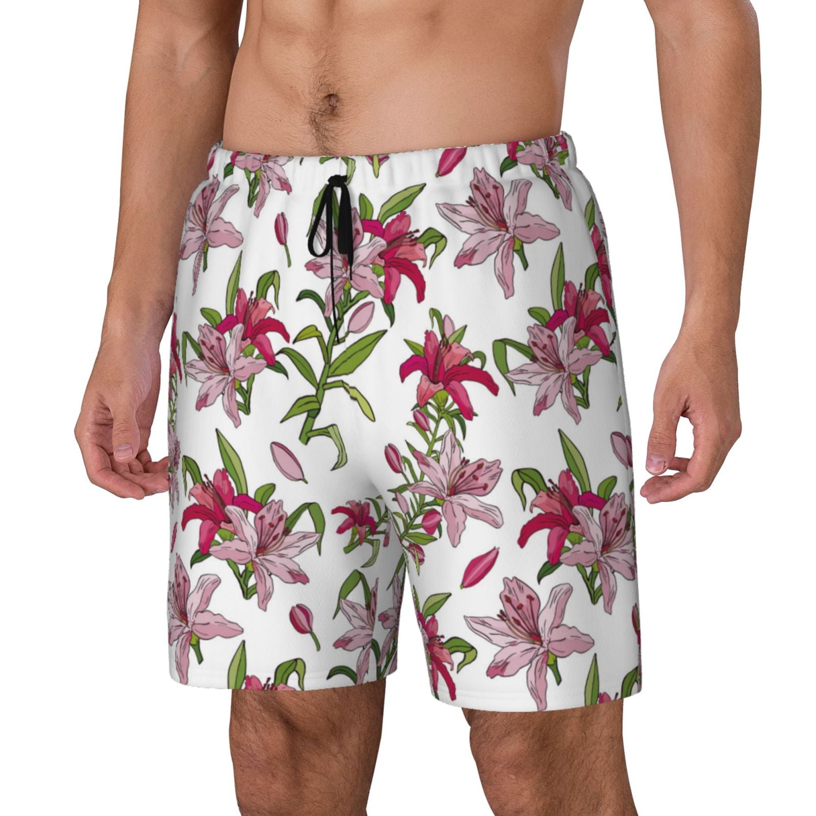 Cauagu Lilies Flowers Print Mens Swim Trunks Quick Dry Board Shorts ...
