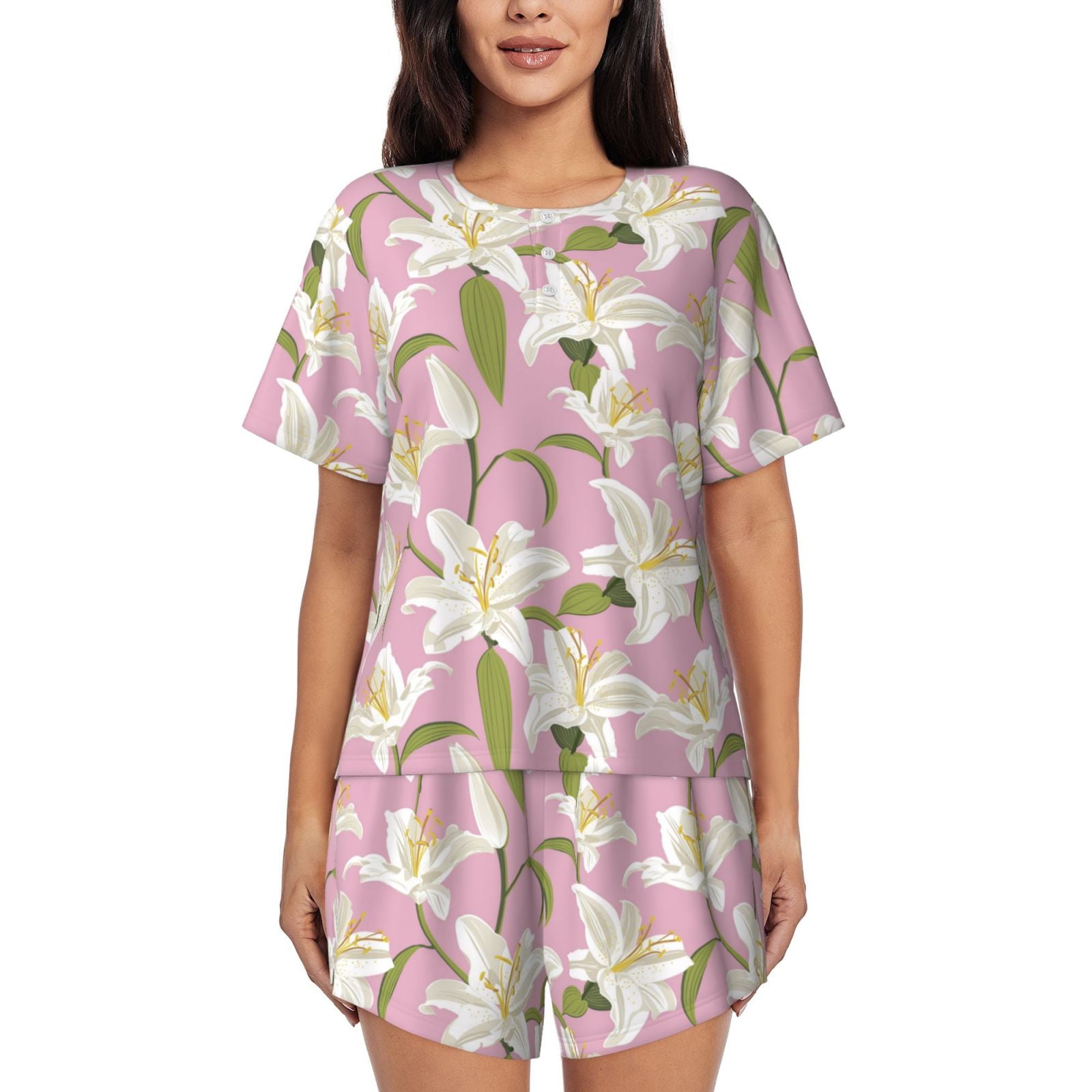 Cauagu Lilies Flowers for Women's Round Neck Pajama Set,Short-Sleeved ...