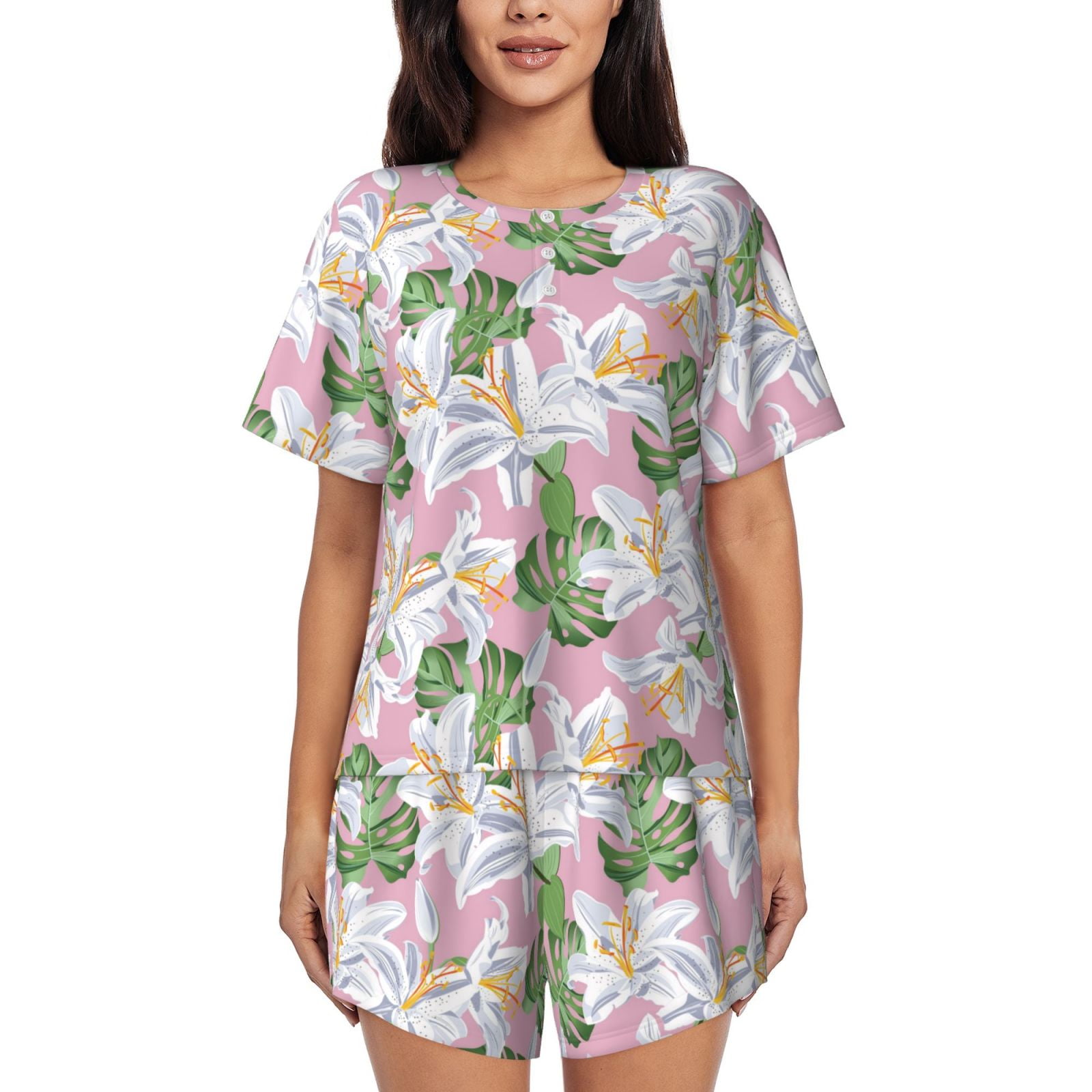 Cauagu Lilies Flowers for Women's Round Neck Pajama Set,Short-Sleeved ...
