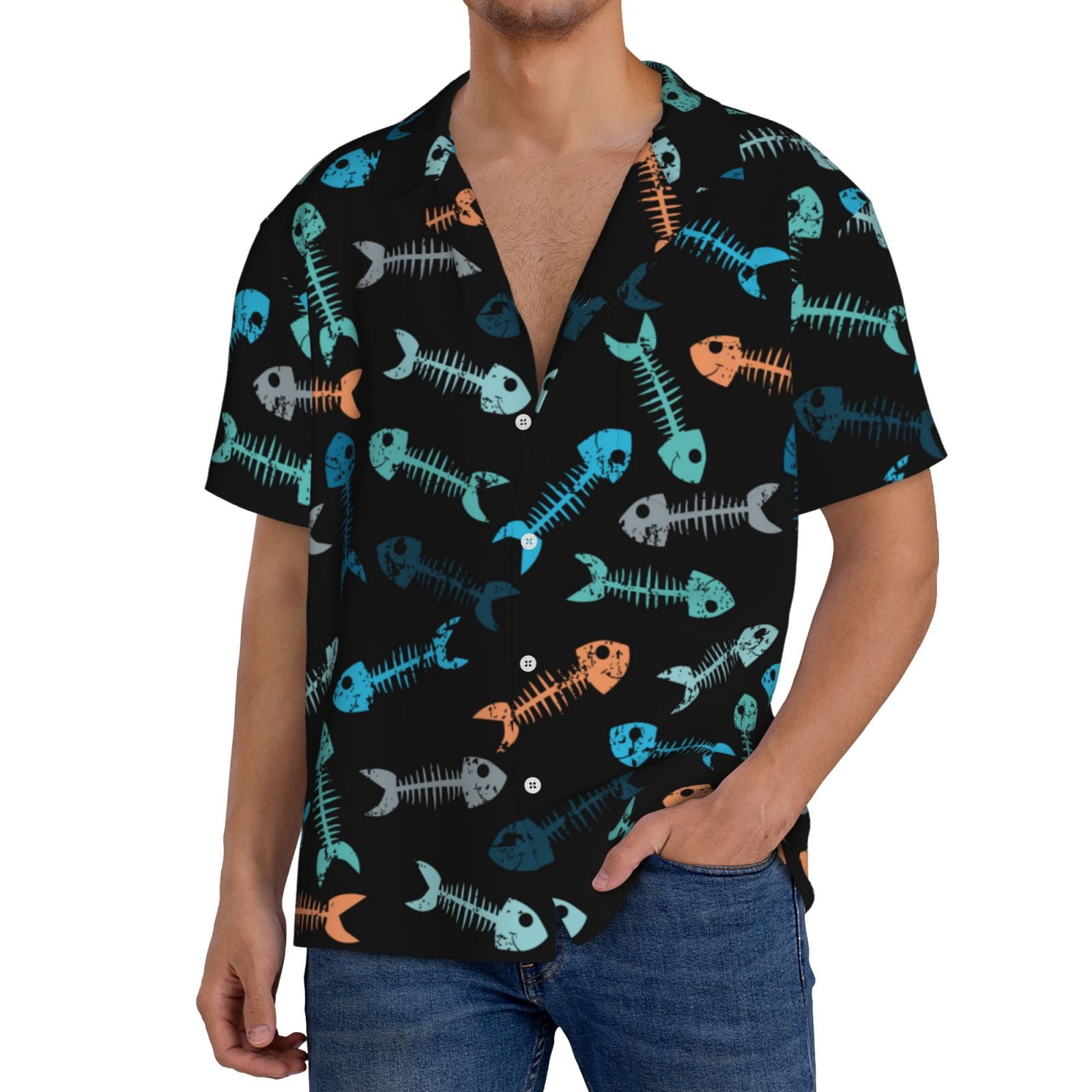 Cauagu Little Fish Skeleton Men's Short Sleeve Button Down Hawaiian ...