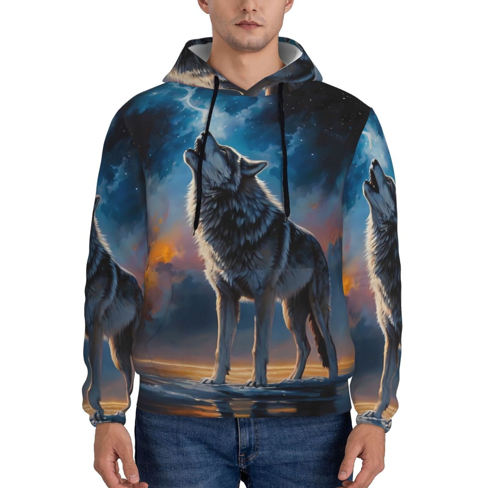 Cauagu Lonely Night Sky Wolf for Men's Pullover Hooded Sweatshirt ...