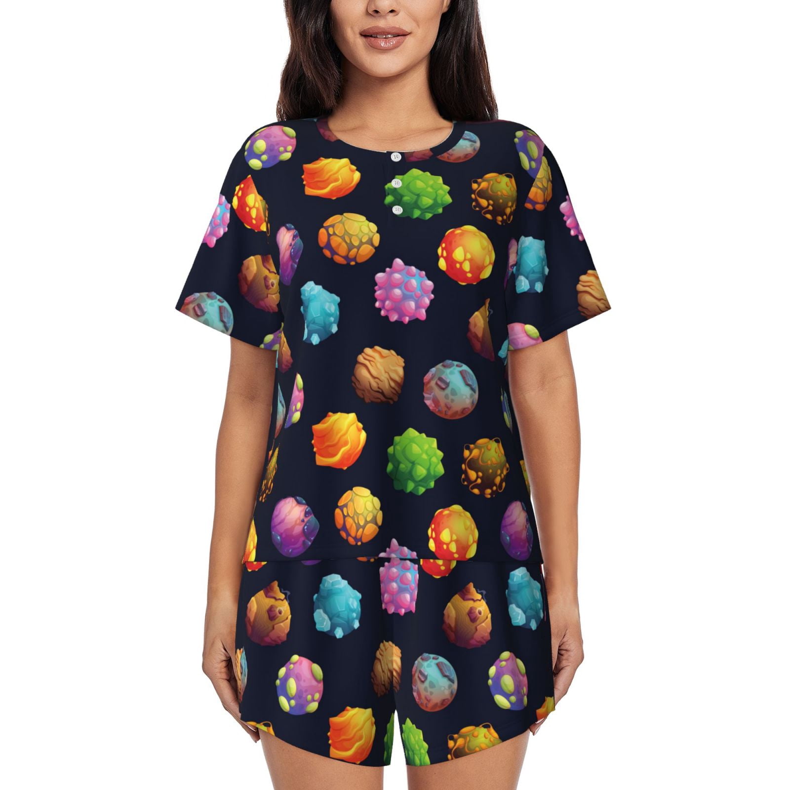 Cauagu Lovely Planet for Women's Round Neck Pajama Set,Short-Sleeved ...