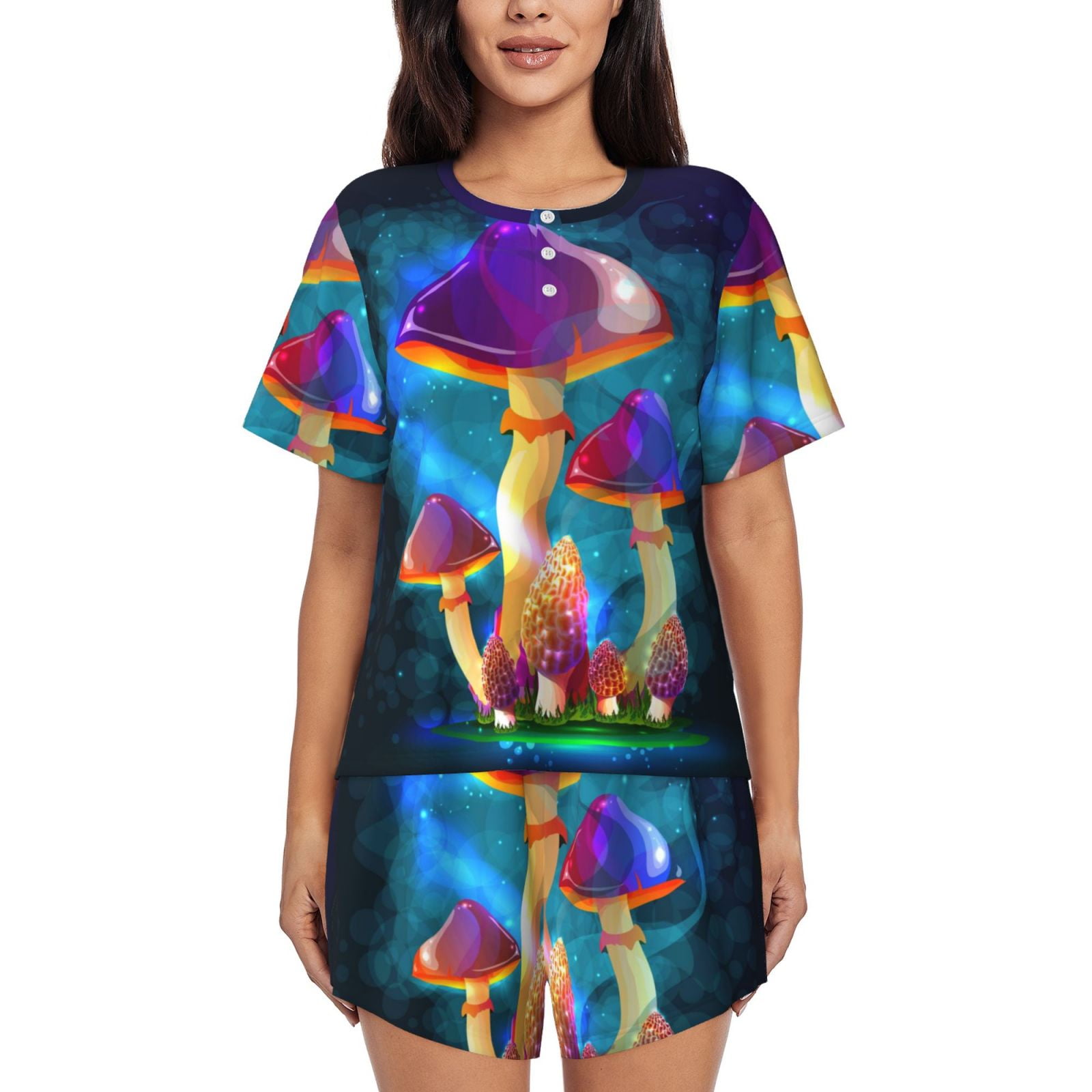 Cauagu Magic Mushrooms ,Fireflies for Women's Round Neck Pajama Set ...