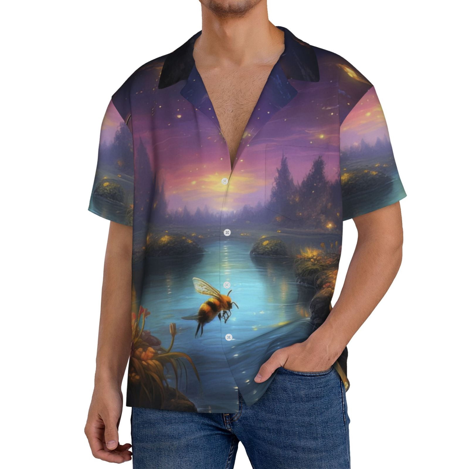 Cauagu Magical Bees Twilight River Men's Short Sleeve Button Down ...