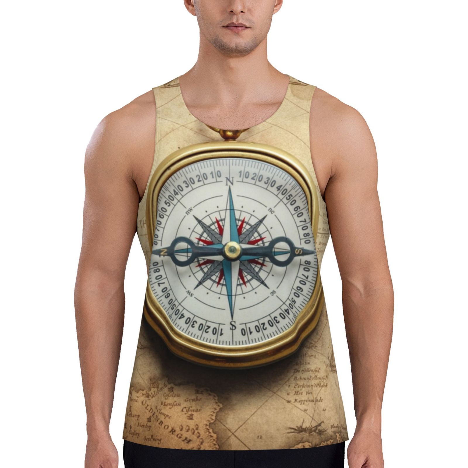 Cauagu Magnetic Old Compass On World Map Print Men's Sleeveless Muscle ...