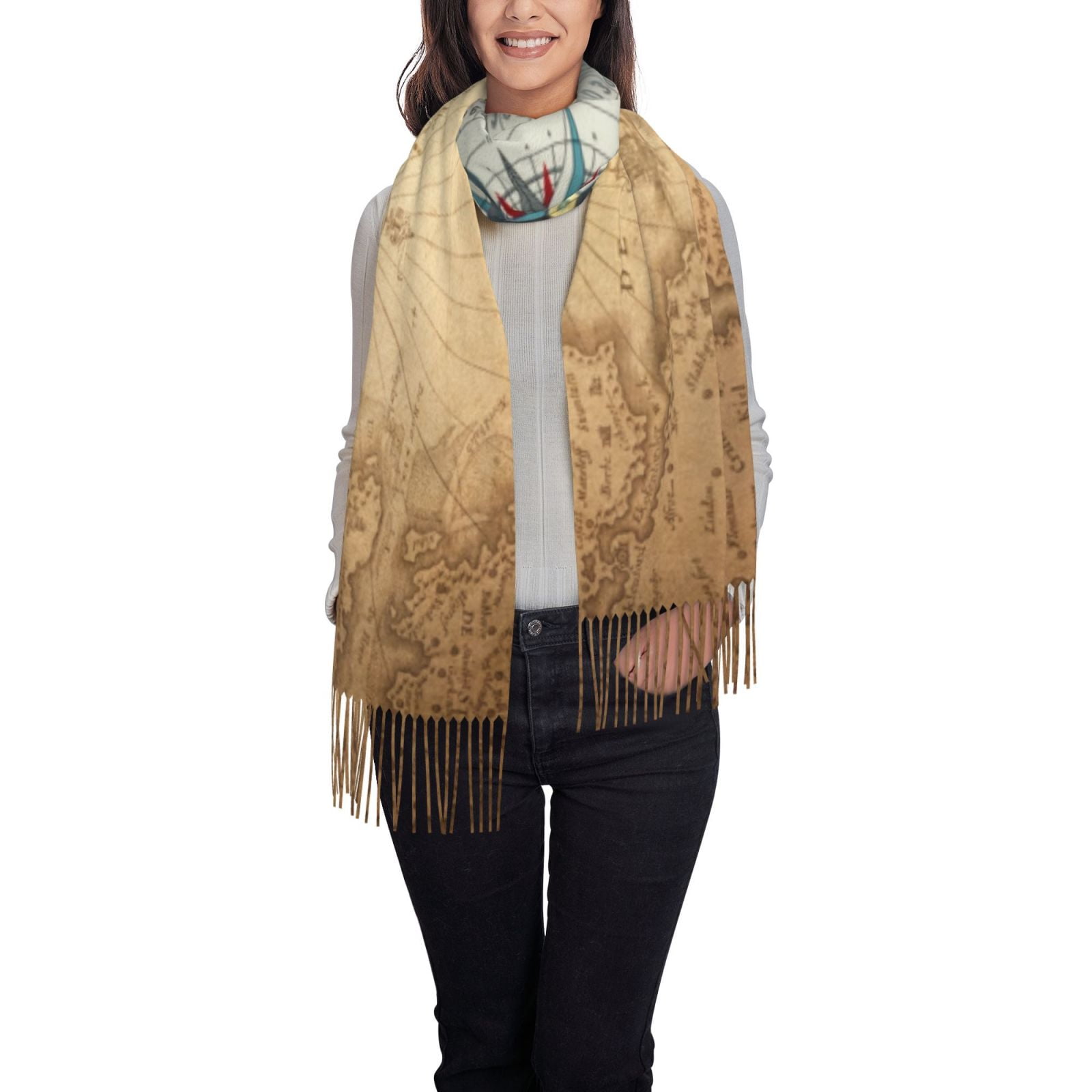 Cauagu Magnetic Old Compass On World Map Print Women Wrap Shawl tassels ...
