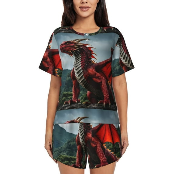 Cauagu Majestic Red Dragon for Women's Round Neck Pajama Set,Short ...