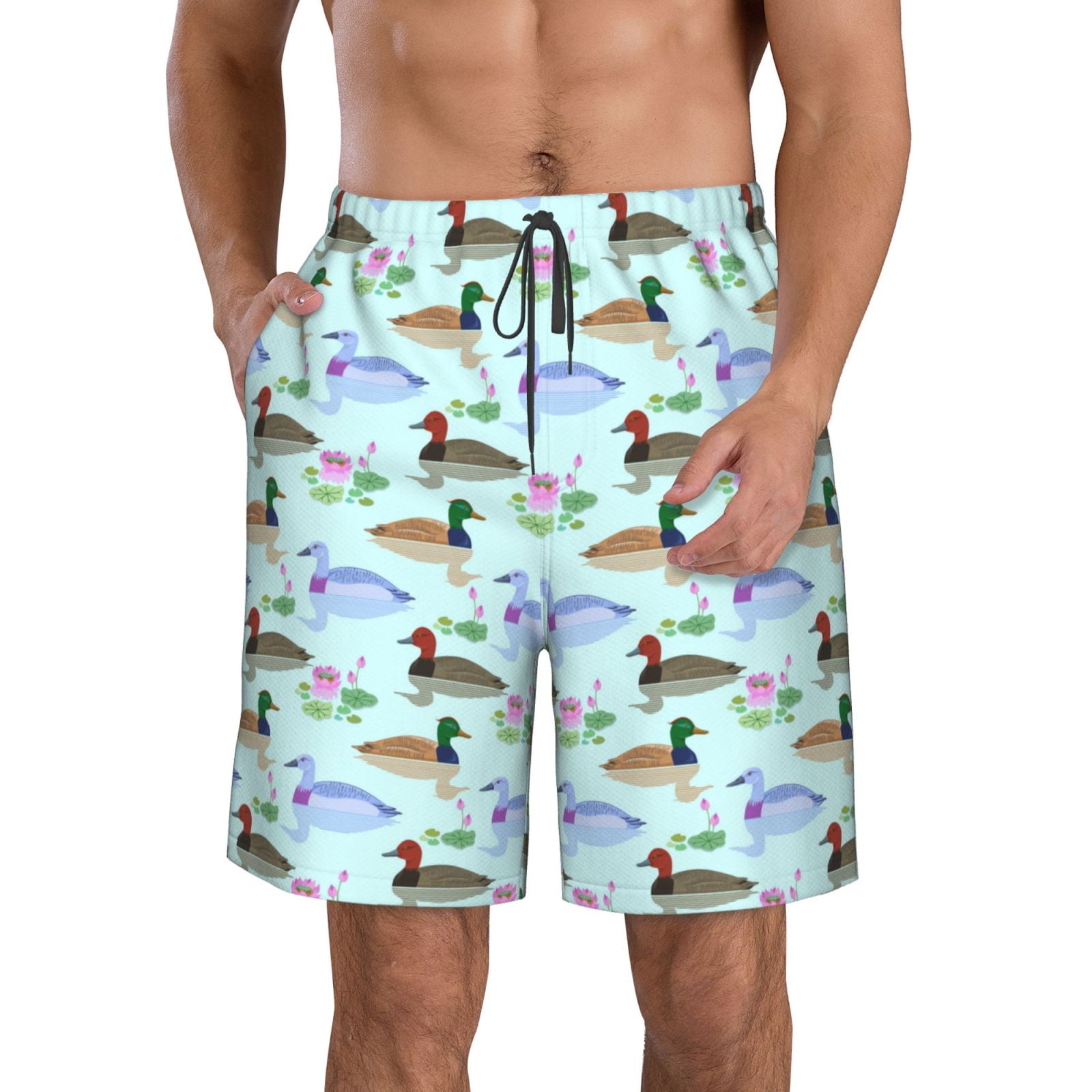 Cauagu Mallard Duck Of Lotus Flowers Print Men's Swim Trunks,Hawaiian ...
