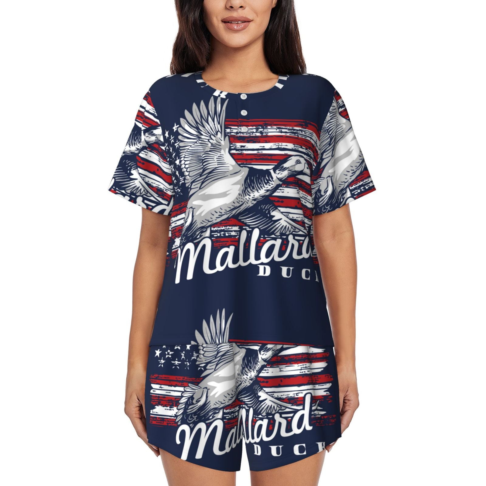 Cauagu Mallard Duck With American Flag for Women's Round Neck Pajama ...