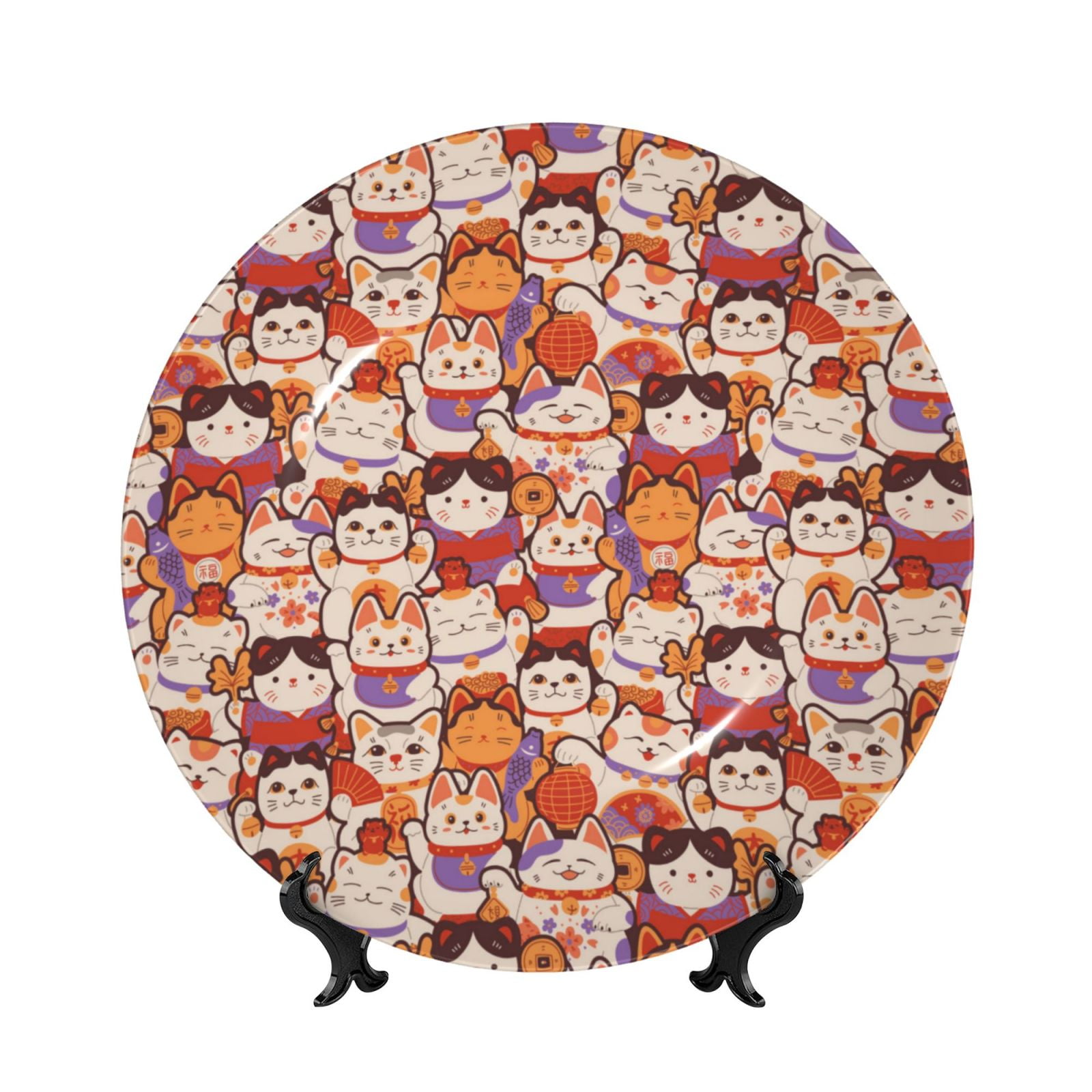 Cauagu Maneki-Neko Cats Print Bone China Decorative Plate, Wall Mount ...