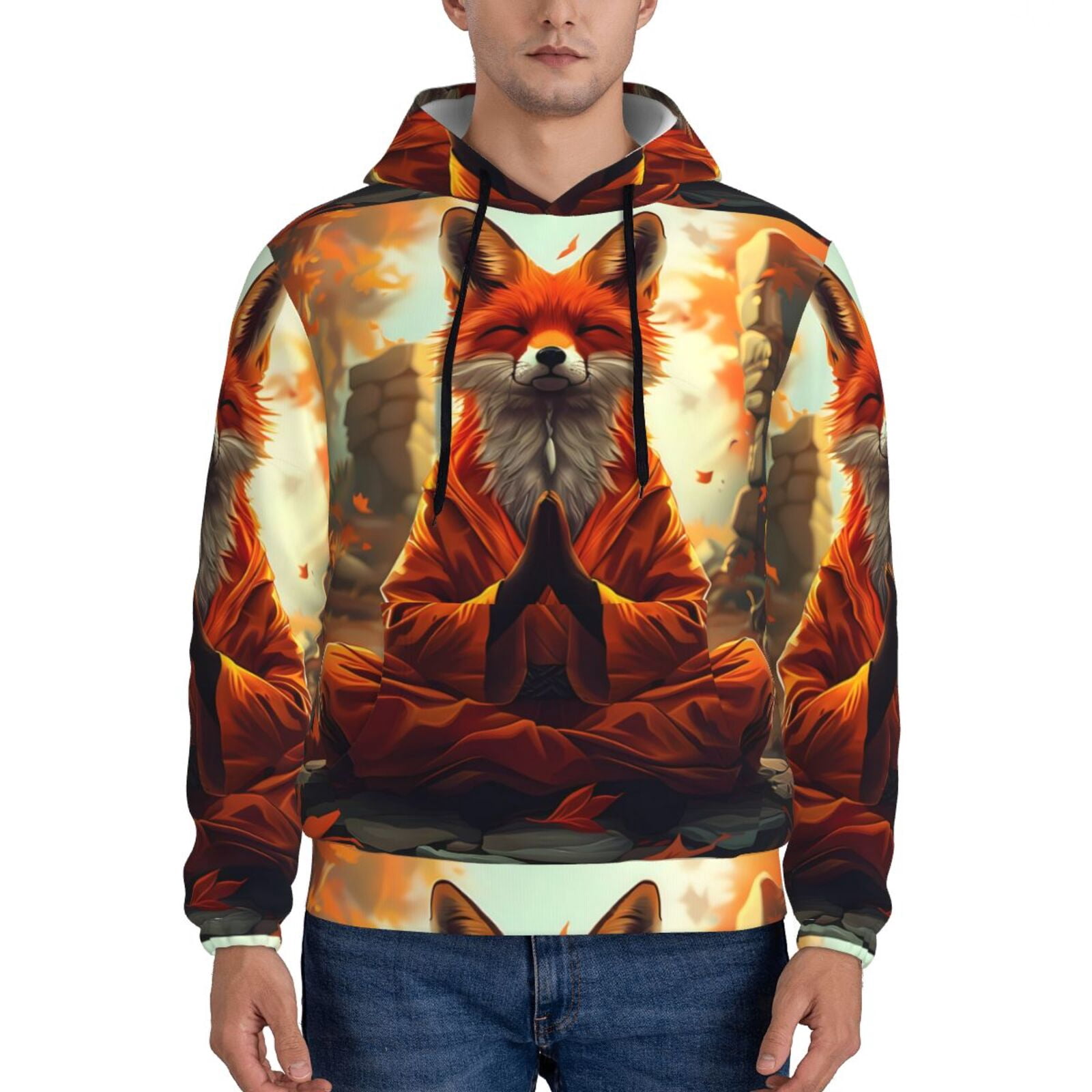 Cauagu Maple Leaf Meditating Fox for Men's Pullover Hooded Sweatshirt ...