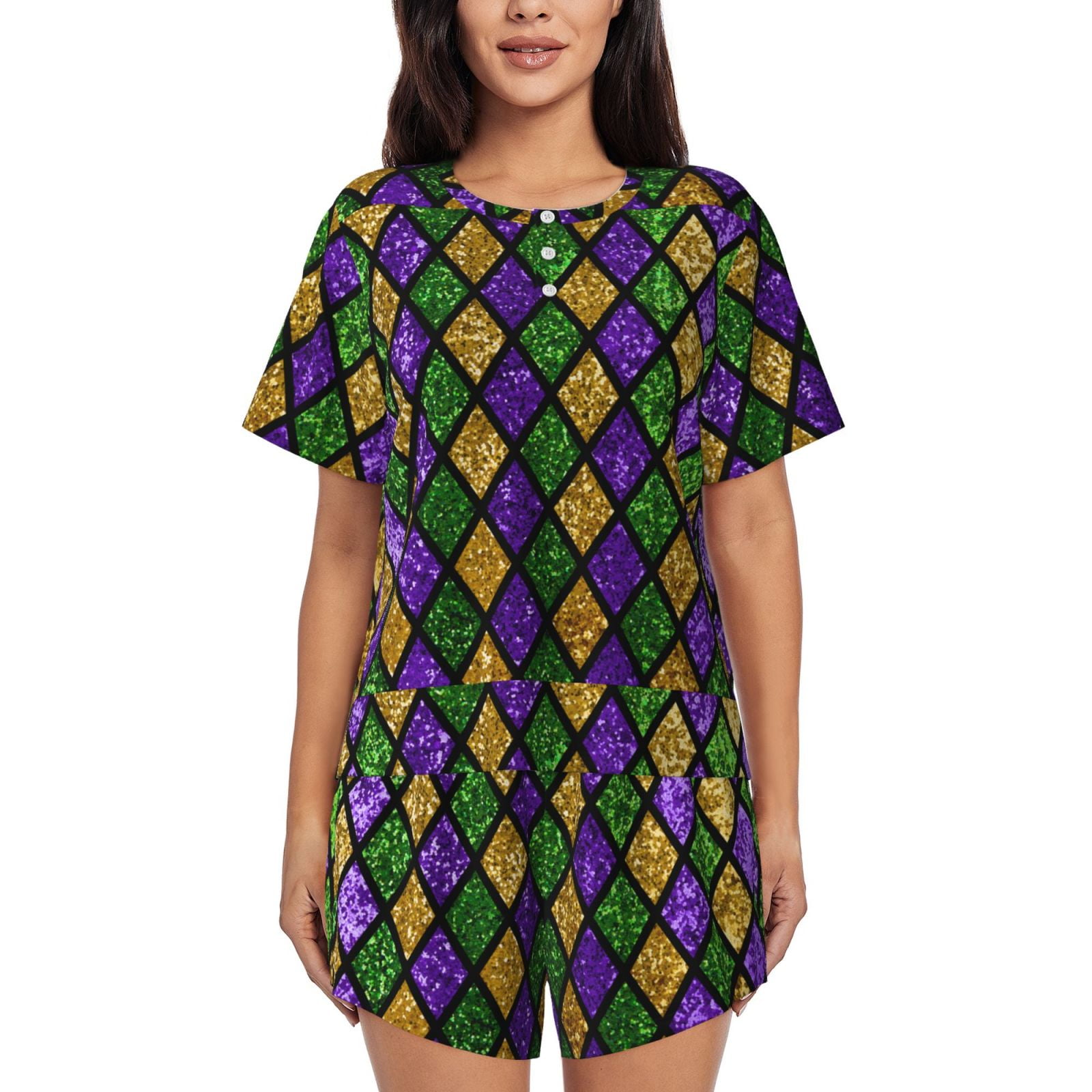 Cauagu Mardi Gras Shiny Green Purple for Women's Round Neck Pajama Set ...