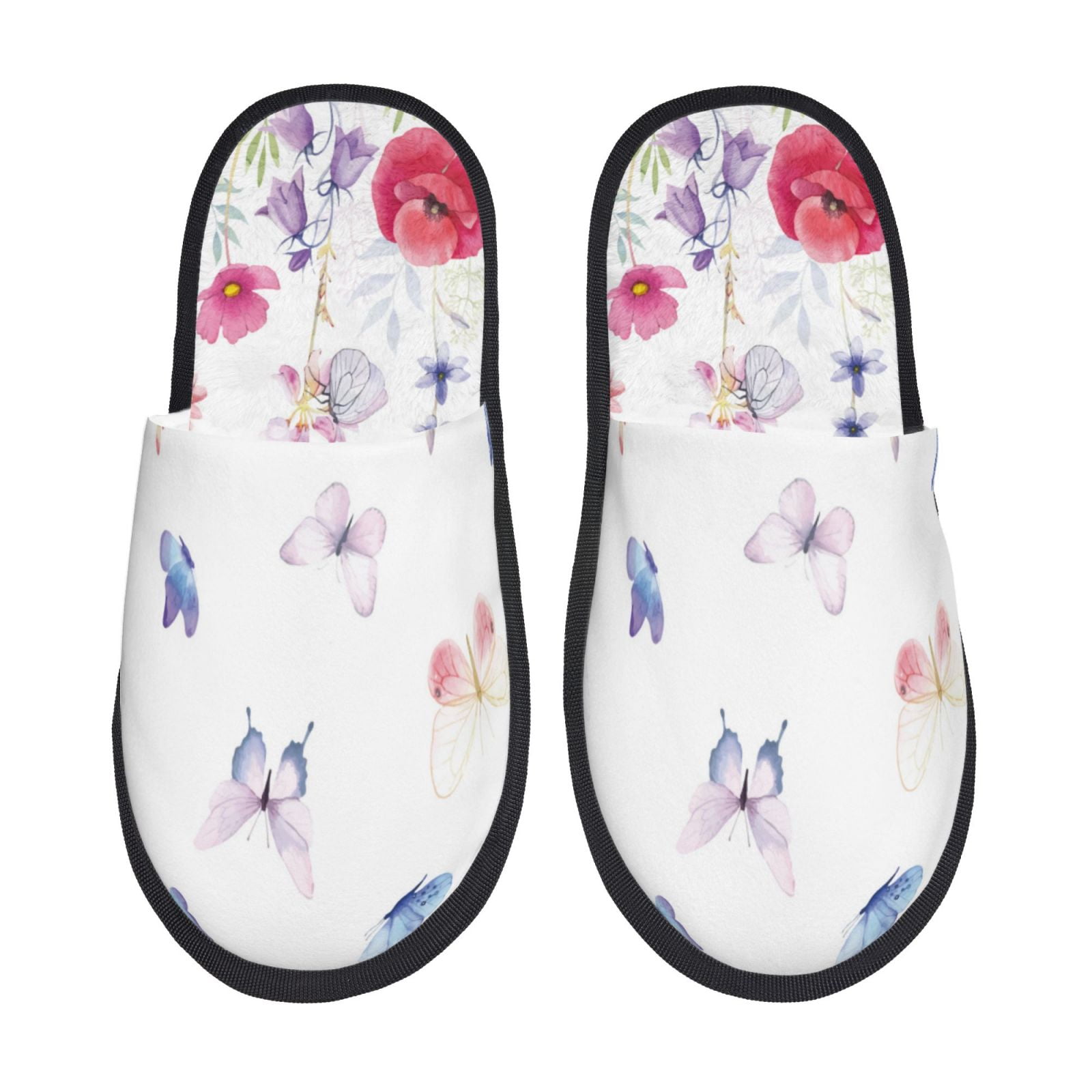 Cauagu Meadow flowers with butterfly Print Cozy Indoor Slippers,Fuzzy House Shoes for Women ...