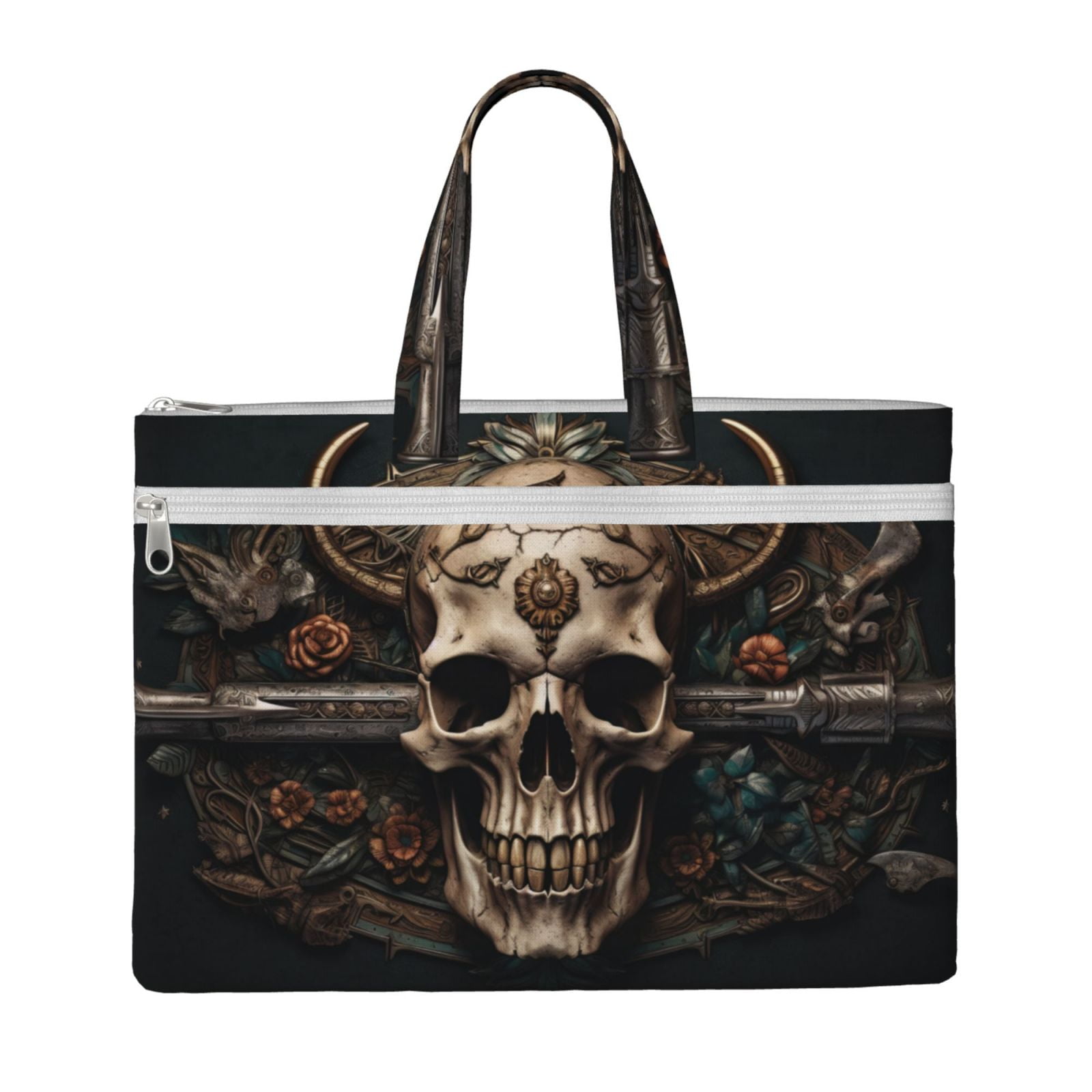 Cauagu Metal Style Horned Skull Pattern Canvas Tote File Bag, Zipper ...