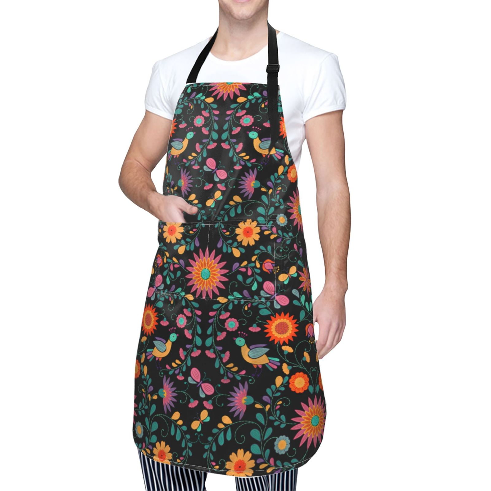 Cauagu Mexican Flower And Birds Aprons with Pockets,Waterproof Apron ...