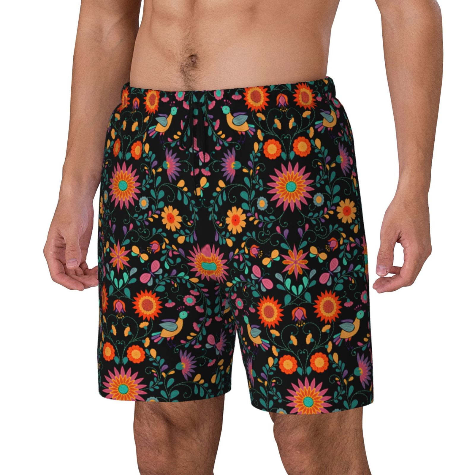 Cauagu Mexican Flower And Birds Print Mens Swim Trunks Quick Dry Board ...