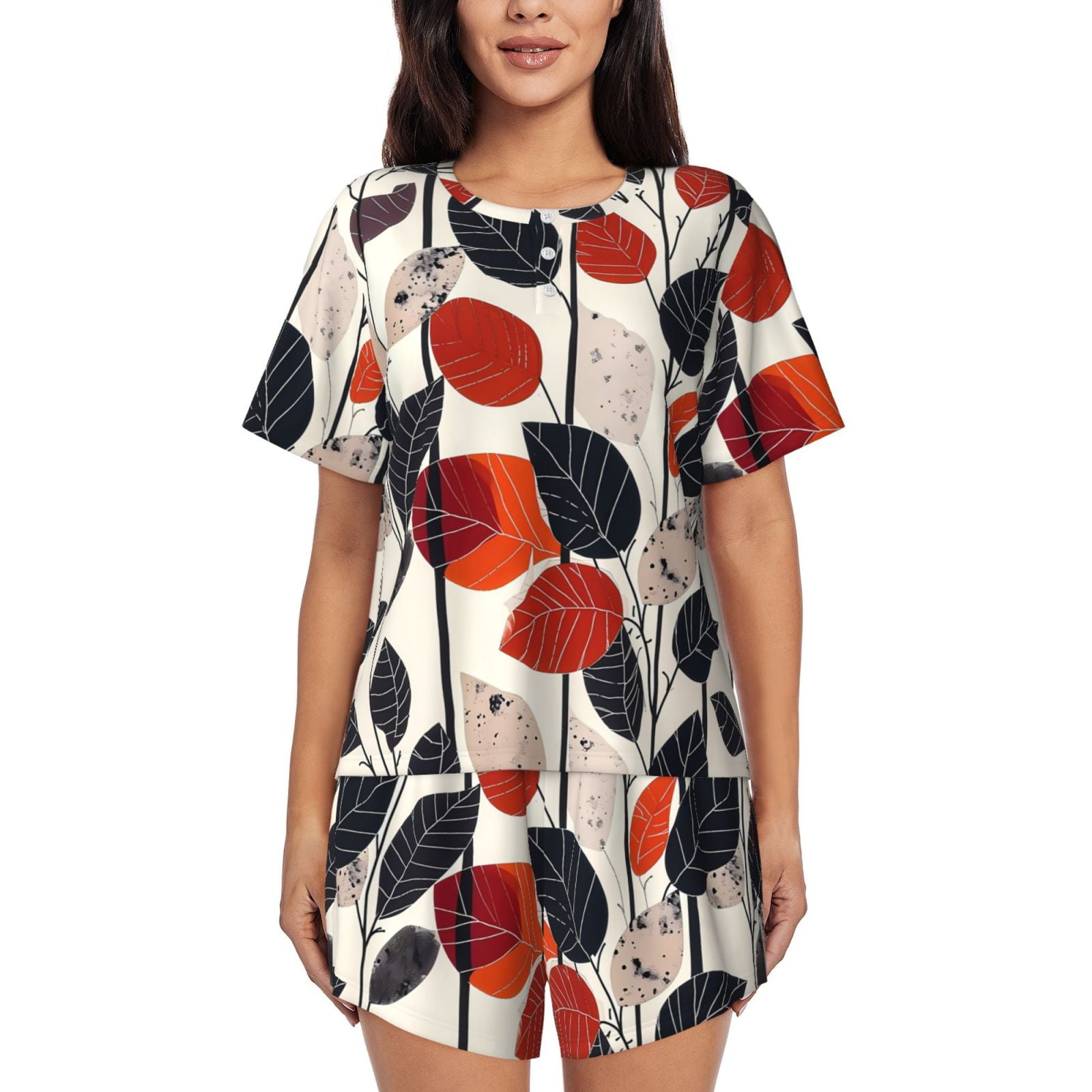 Cauagu Modern Abstract Leaf Pattern for Women's Round Neck Pajama Set ...