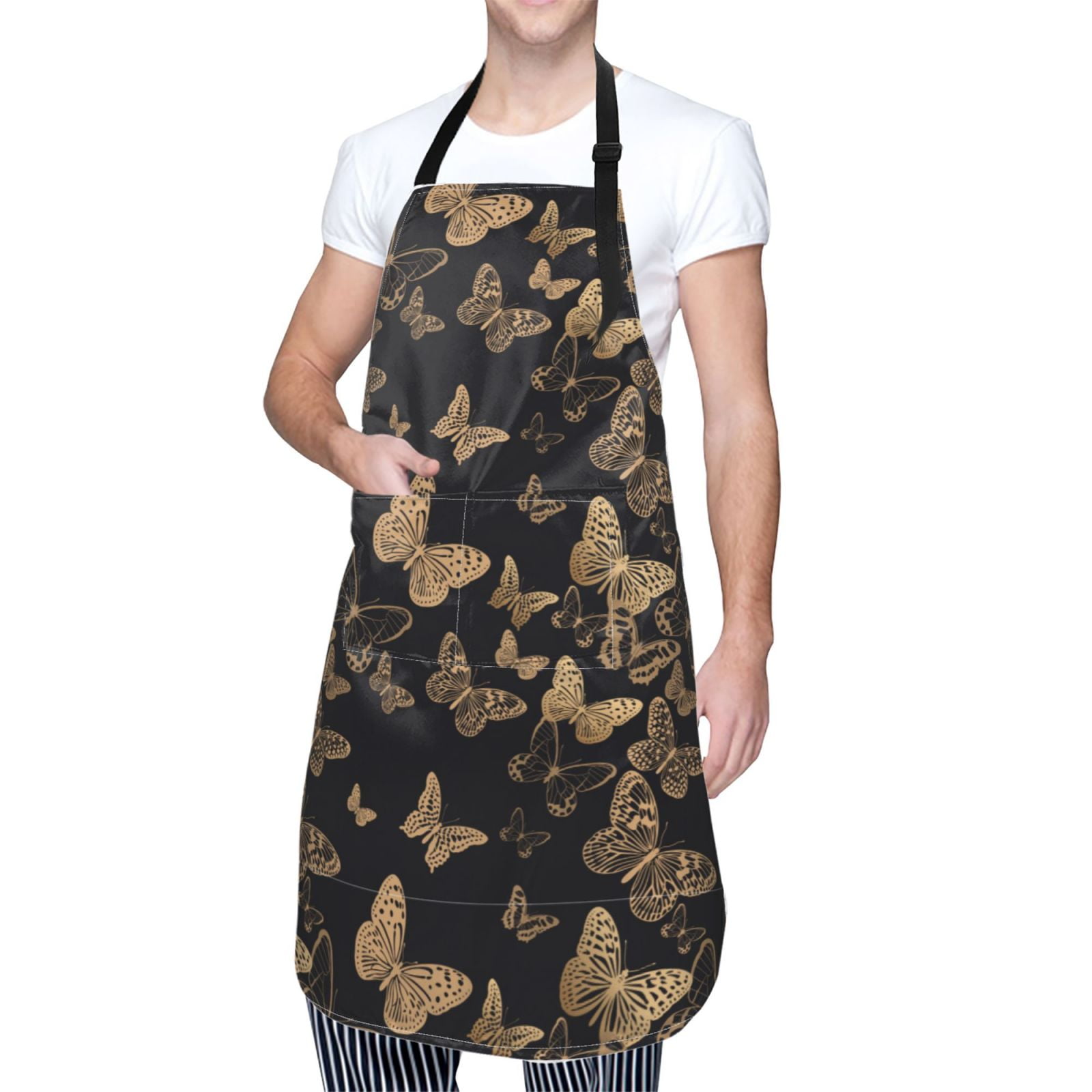 Cauagu Modern Golden Butterfly Aprons with Pockets,Waterproof Apron for ...