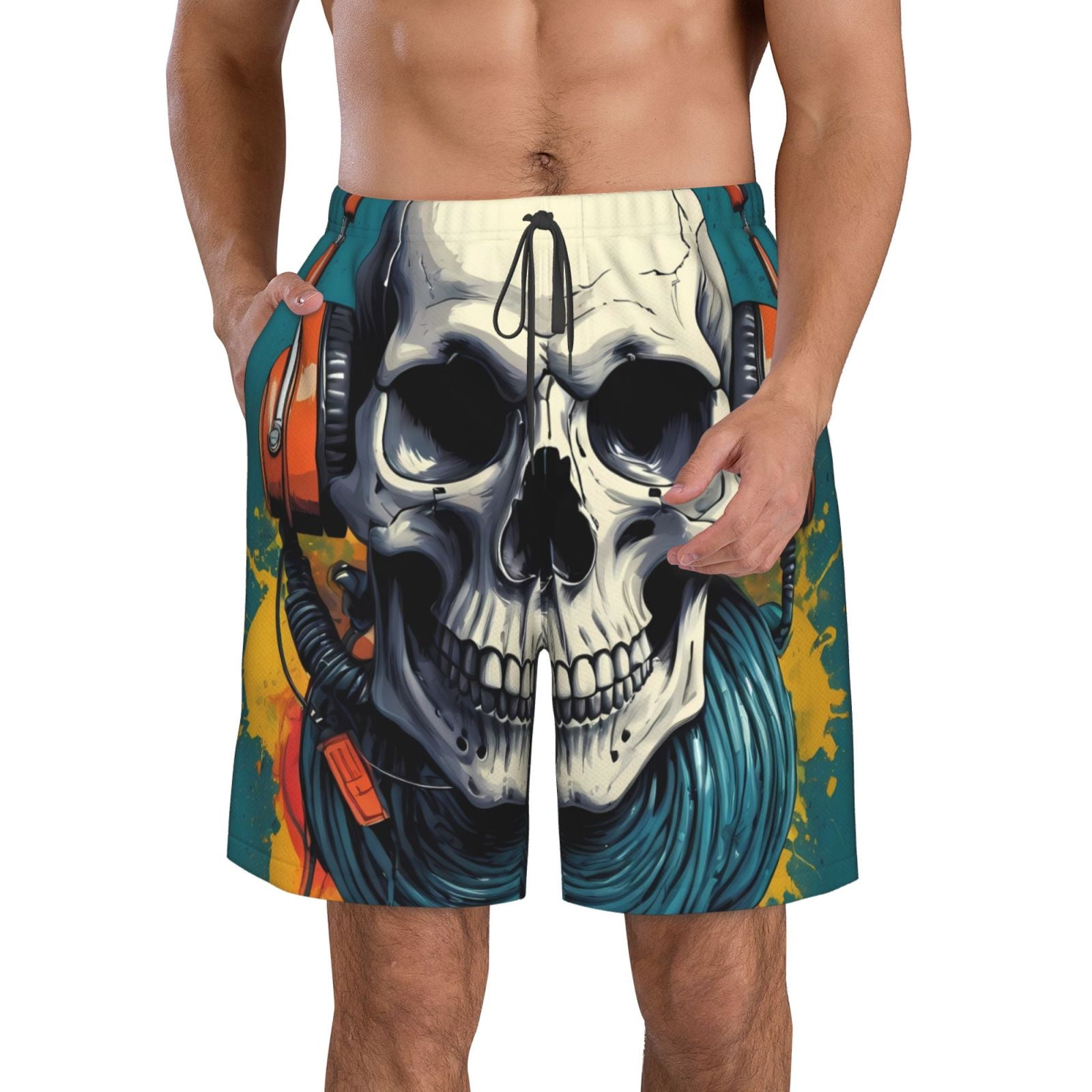 Cauagu Modern Hip-Hop Skull Print Men's Swim Trunks,Hawaiian Bathing ...