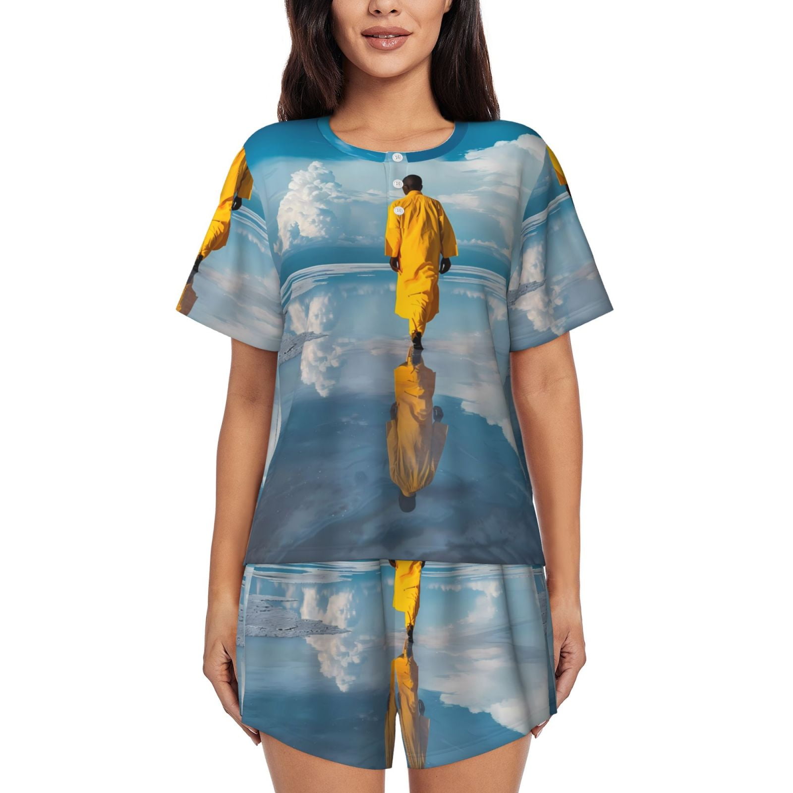 Cauagu Monk Walking On Water for Women's Round Neck Pajama Set,Short ...