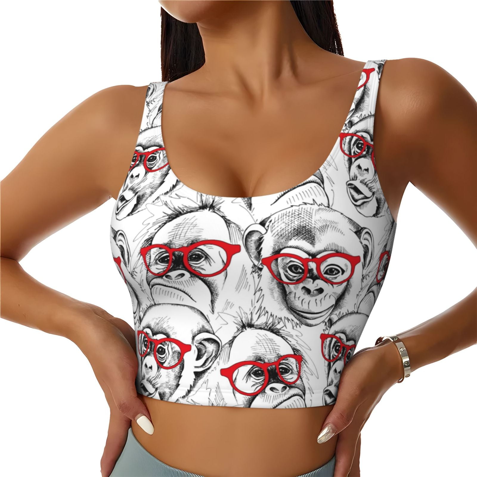 Cauagu Monkey Pattern Sports Bras for Women,Round Neck Sports Bra Workout Crop Tank Tops Padded ...