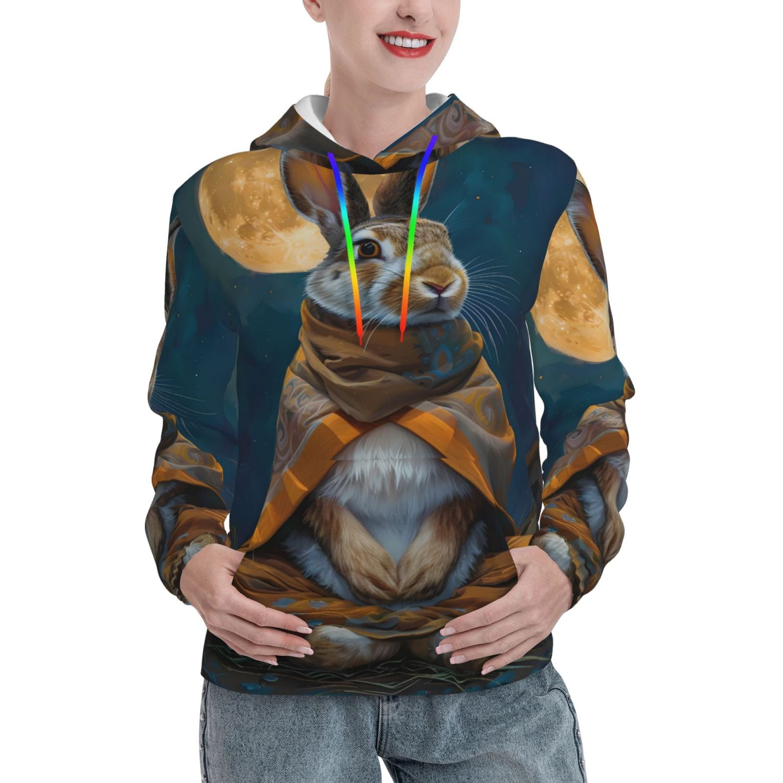 Cauagu Moon Night Sky Cute Rabbit for Women's Hooded Sweatshirts Pullover Hoodie for Women Fall ...