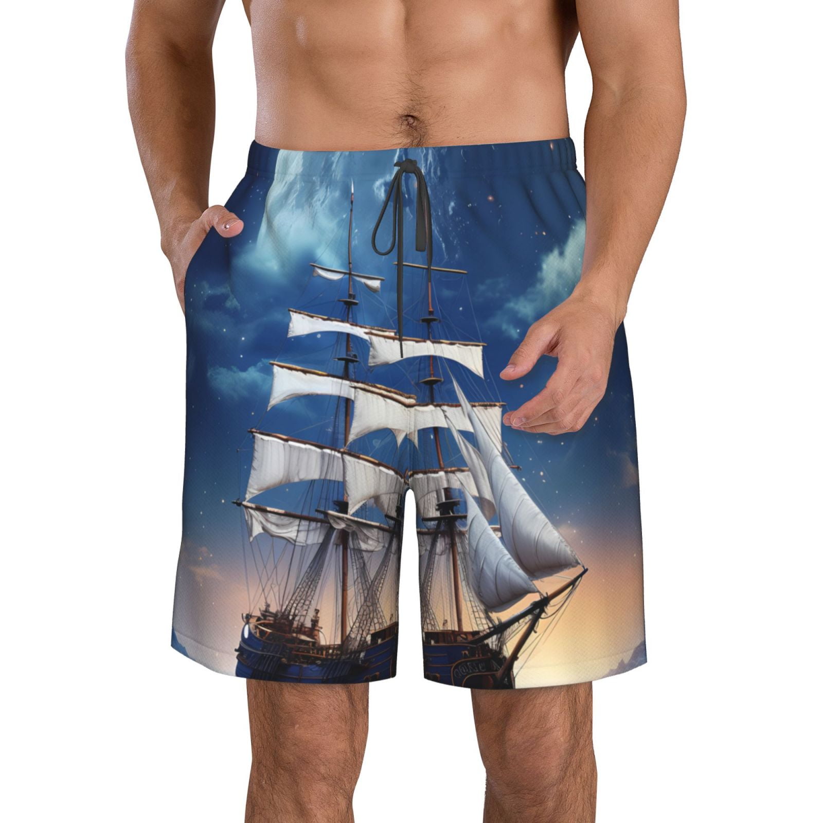 Cauagu Moonlit Night Sea Sailboat Print Men's Swim Trunks,Hawaiian ...