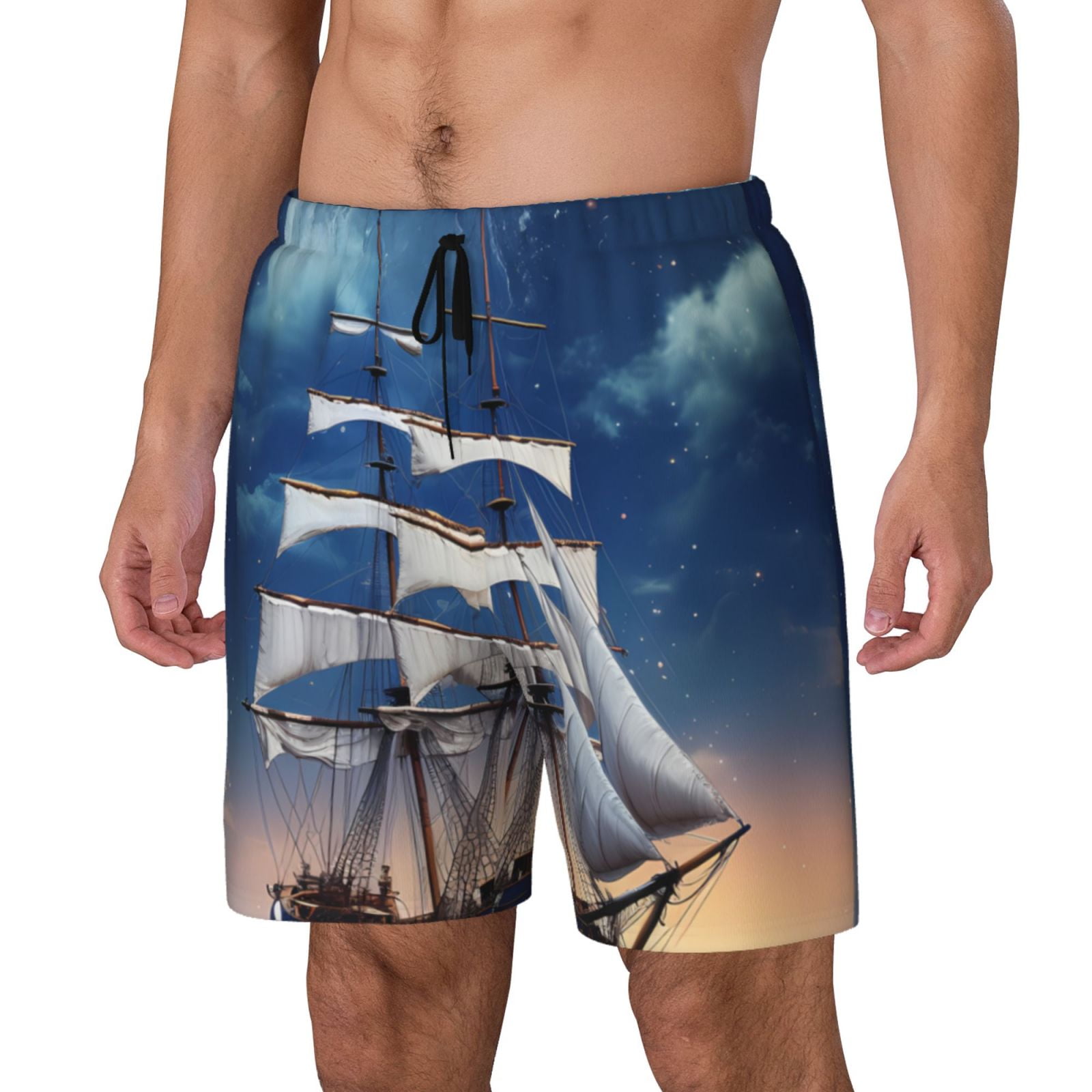 Cauagu Moonlit Night Sea Sailboat Print Mens Swim Trunks Quick Dry ...