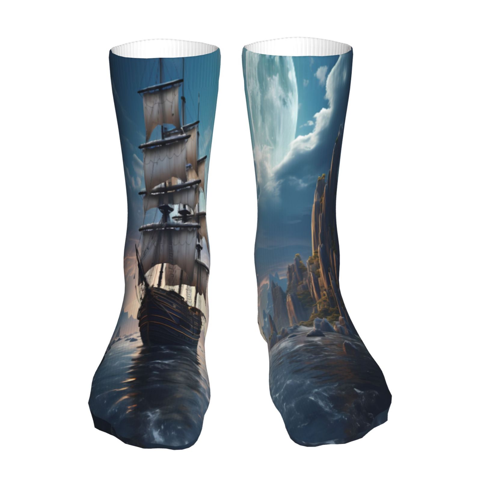 Cauagu Moonlit Sea Sailboat Pattern Fun Novelty Crew Socks,Casual ...