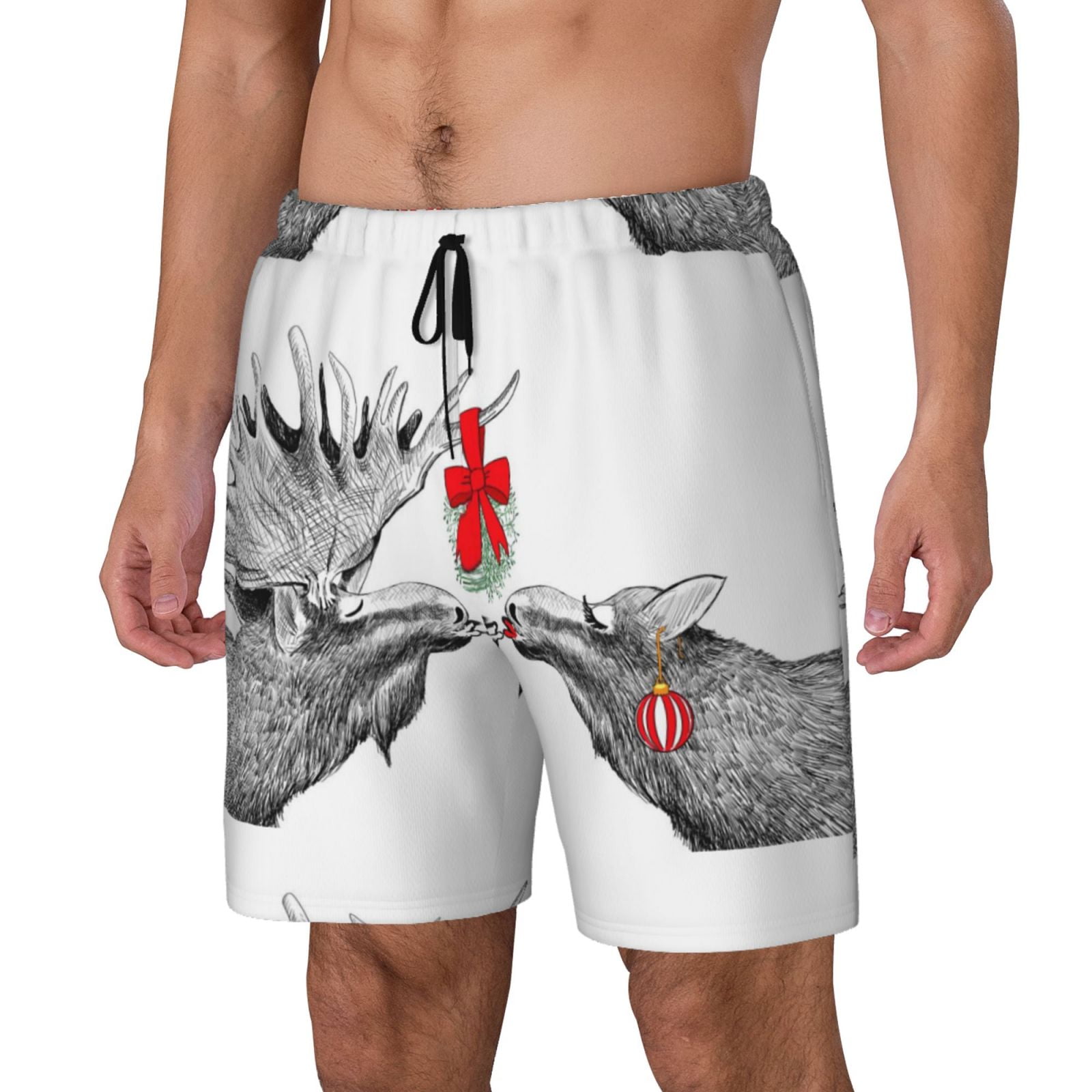 Cauagu Moose Kissing Under Mistletoe Print Mens Swim Trunks Quick Dry ...